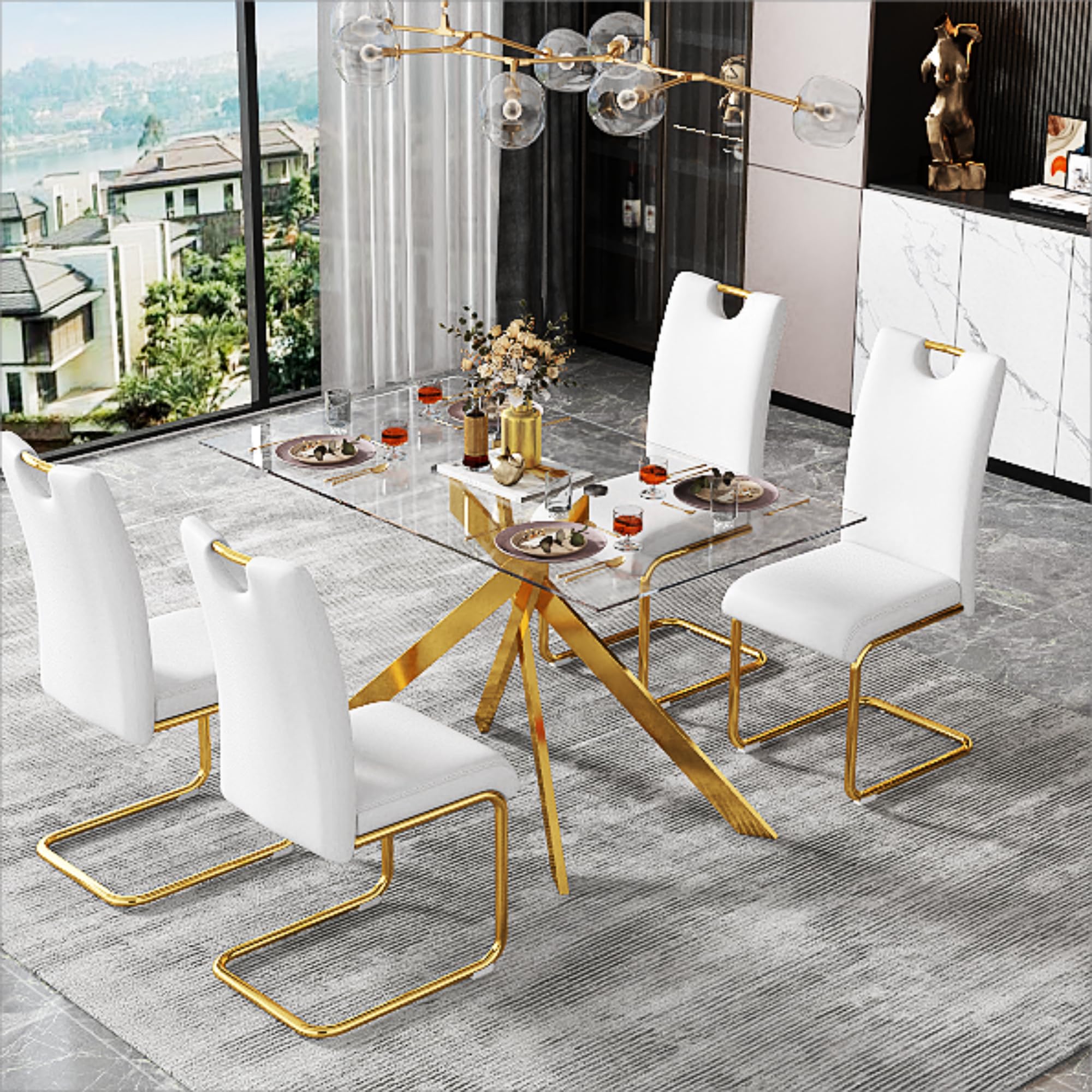 Amazon.com - 51.18" Rectangular Glass Dining Table, Tempered Glass ...