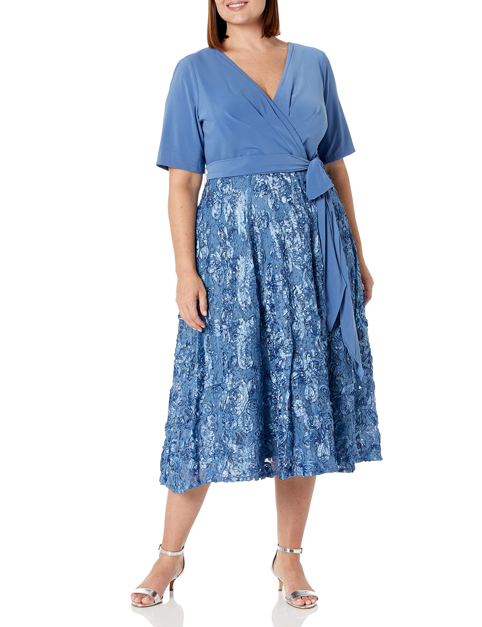 Alex Evenings Women's Plus Size Tea Length Dress with Rosette Detail , SIZE 14 Plus Brushed Peri ...