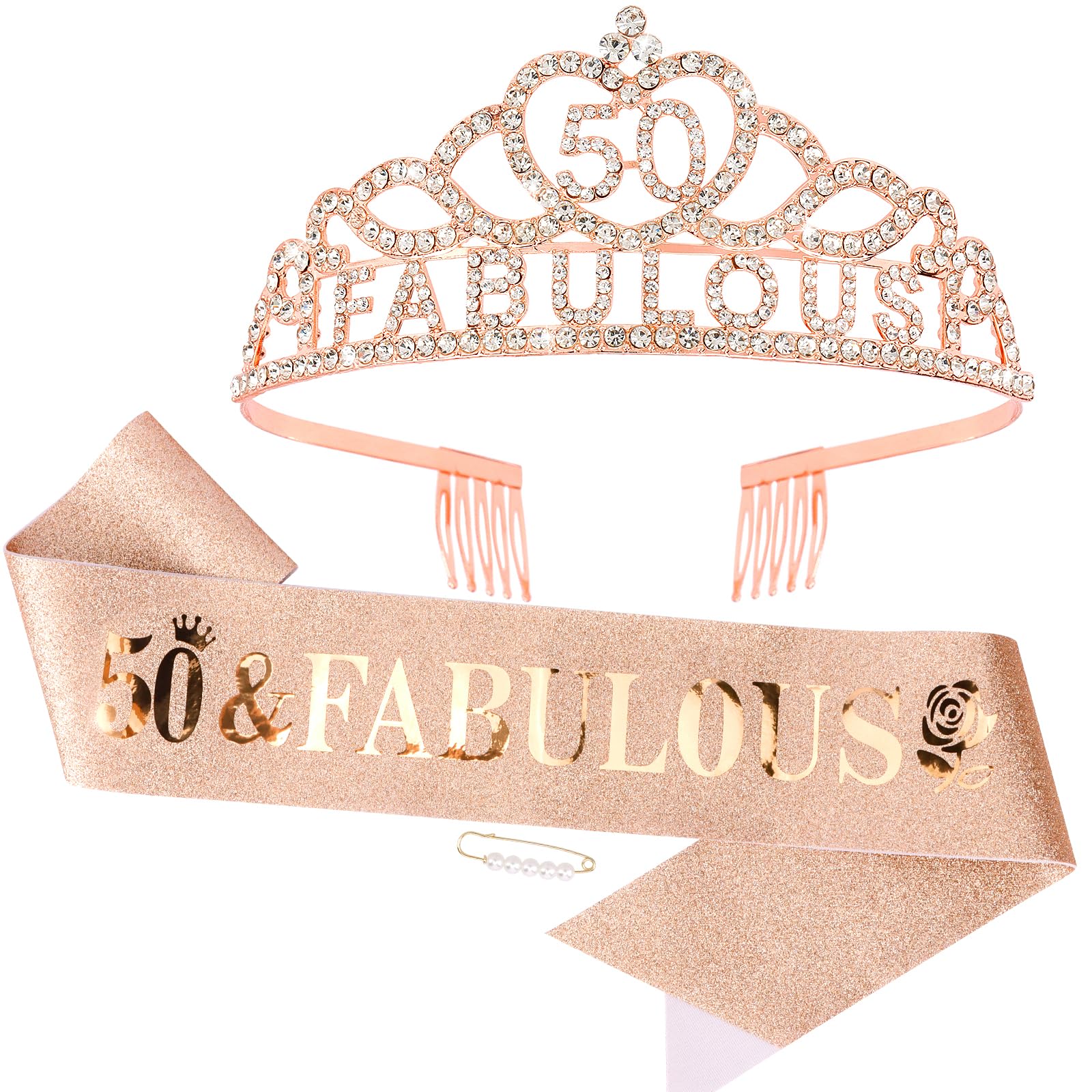 Amazon.com: Vovii 50th Birthday Crown and Sash for Women, Rose Gold ...
