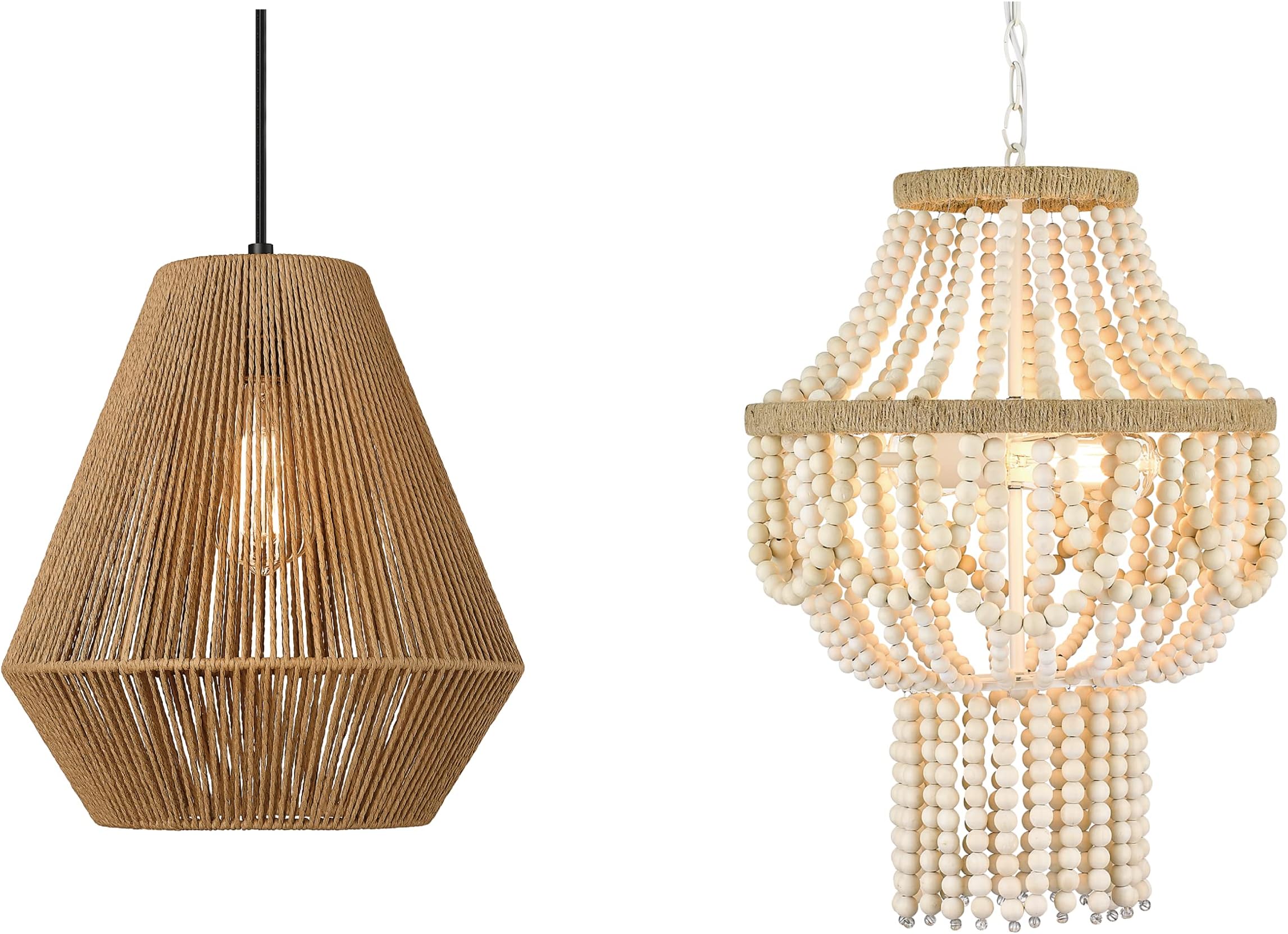 ELYONA 12" Handwoven Modern Boho Pendant Lights& Wood Beaded Chandelier ...