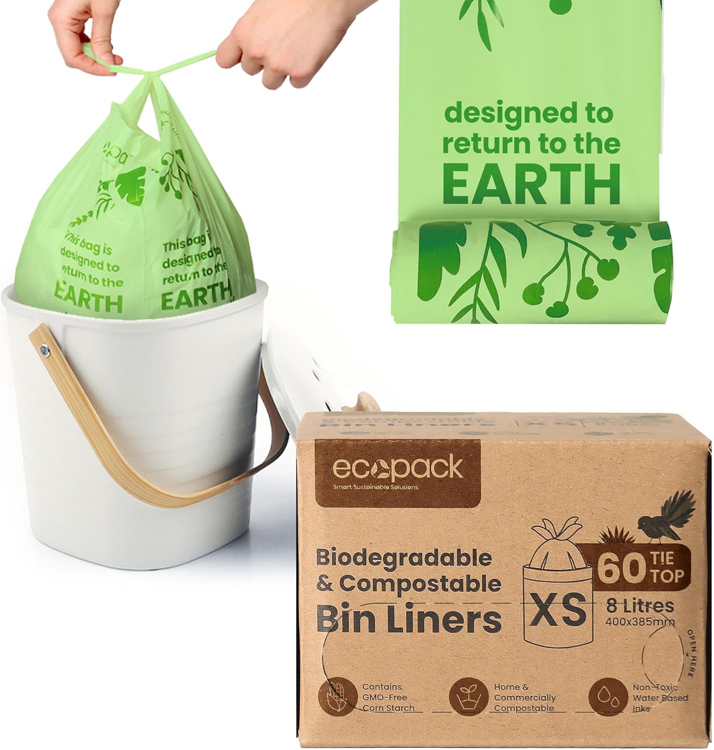 Ecopack Mini 8L Compostable Bin Liners in Dispenser Box (60 Bags ...