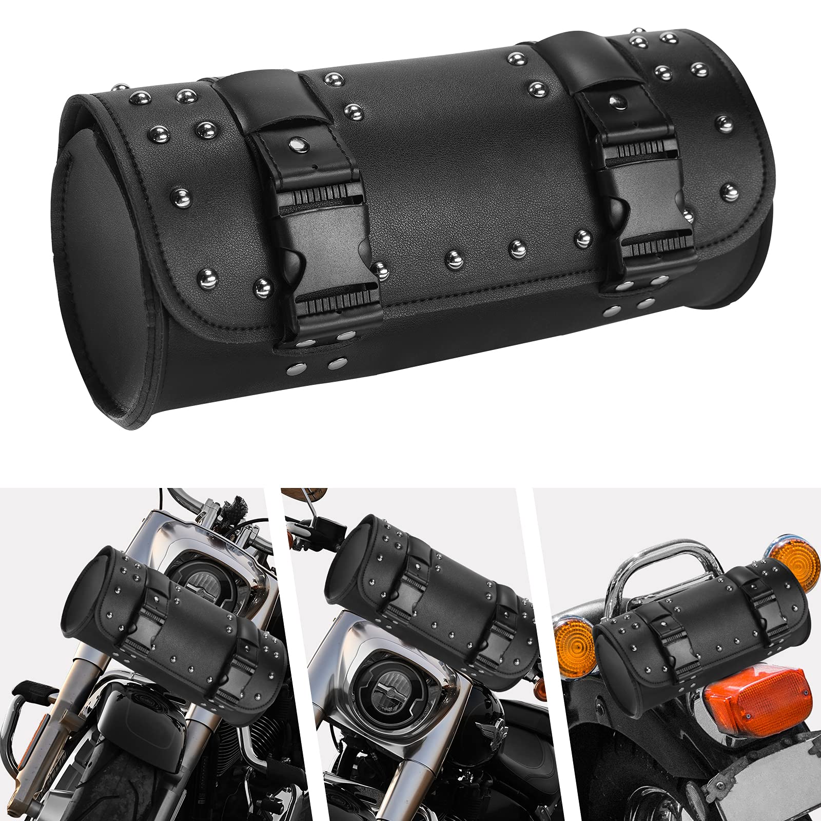 Snapklik.com : Motorcycle Fork Bag, Universal PU Leather 2 Strap Buckle ...