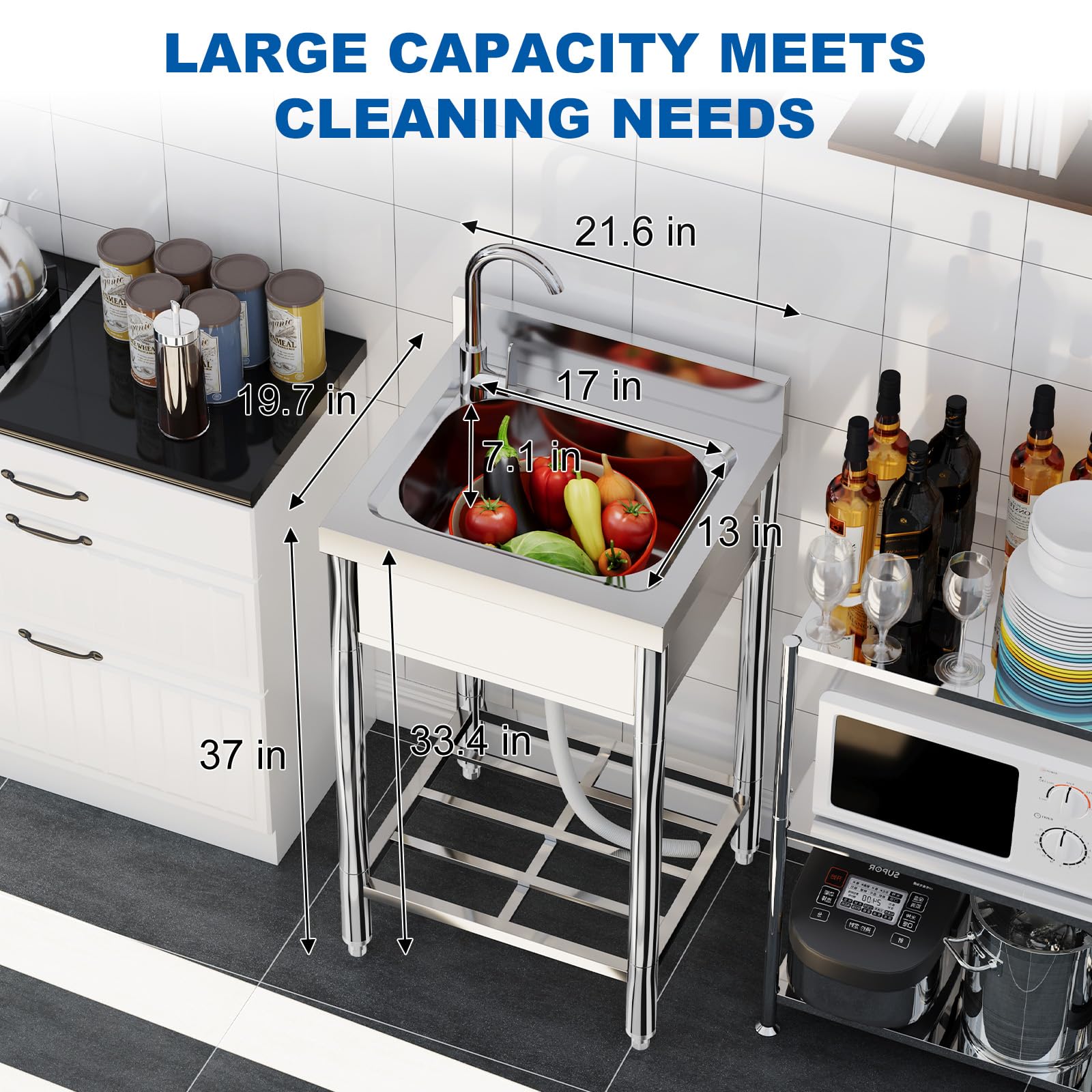 Snapklik.com : 21x20x37 Free Standing Stainless Steel Kitchen Sink