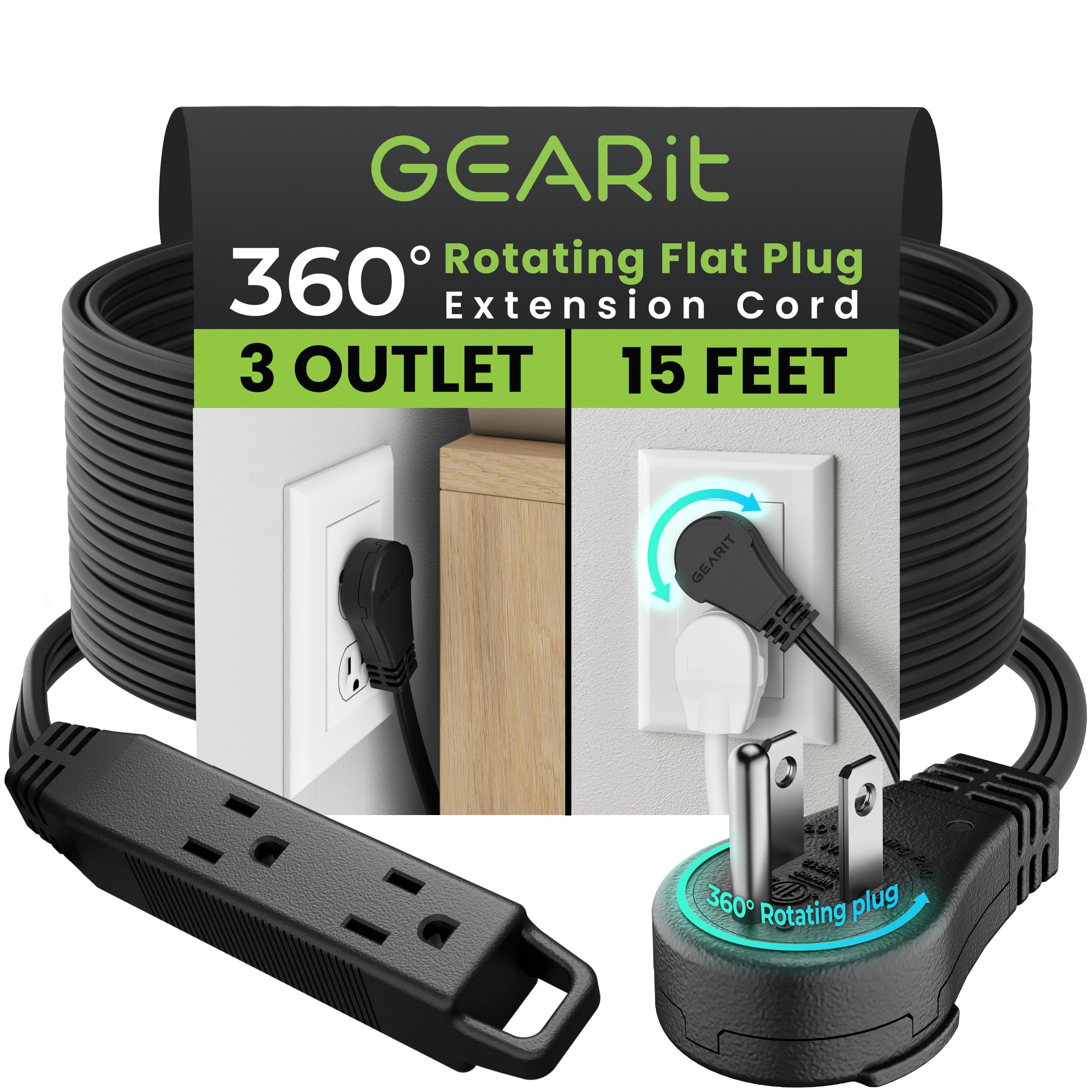 Amazon.com: GEARit 360 Rotating Flat Plug Extension Cord (15ft, Black ...