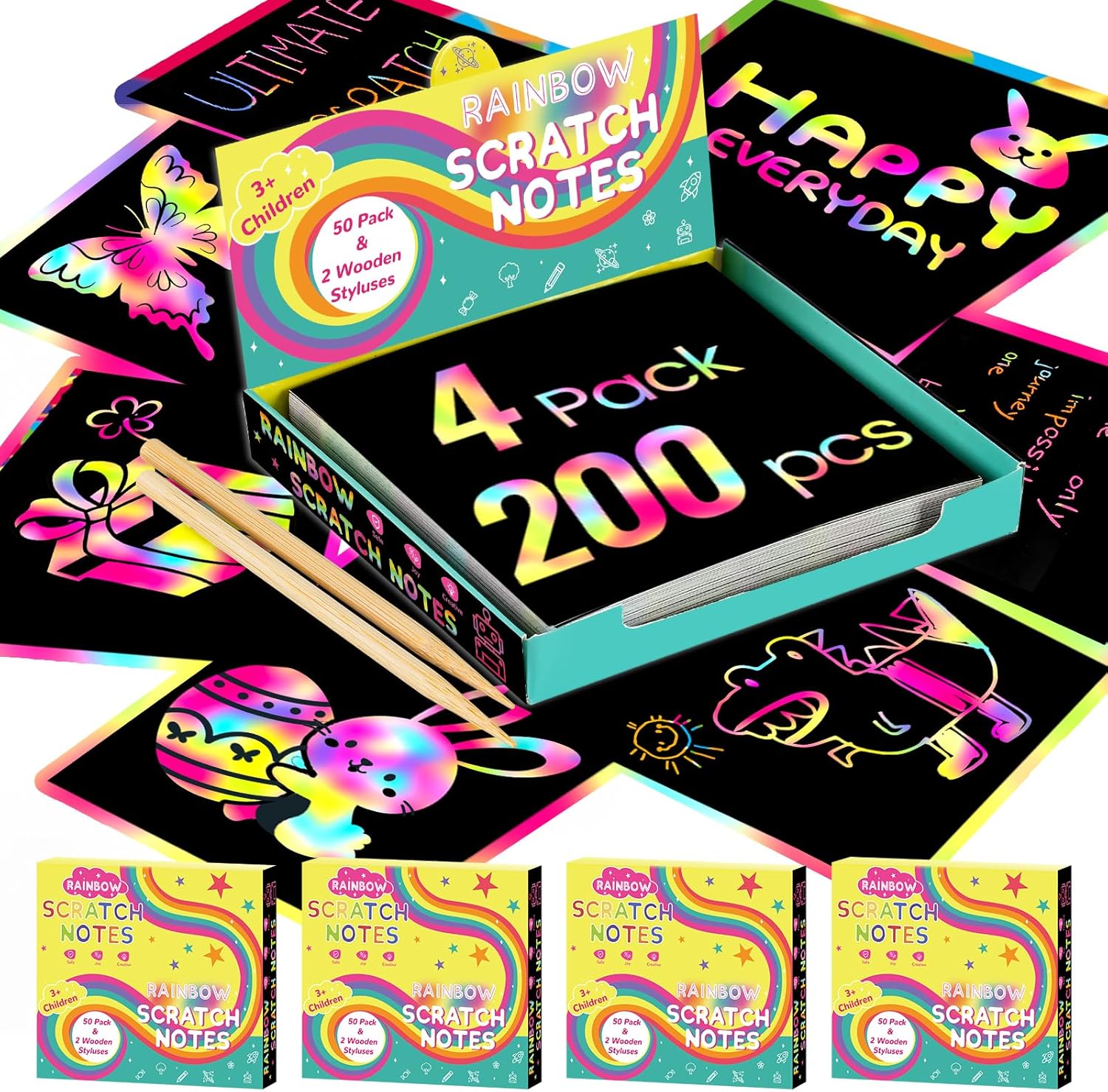 Amazon.com: POIKSHARK 200 PCS Rainbow Scratch Art Mini Notes for Kids ...