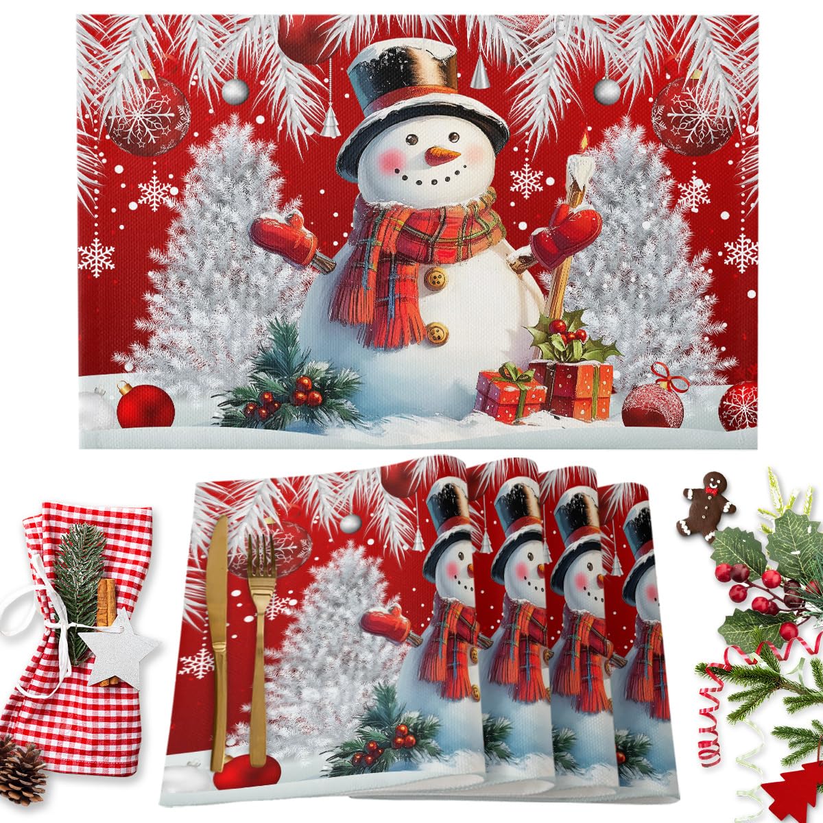 Amazon.com: Christmas Placemats Set of 6 Snowman Table Mats, Xmas Tree ...