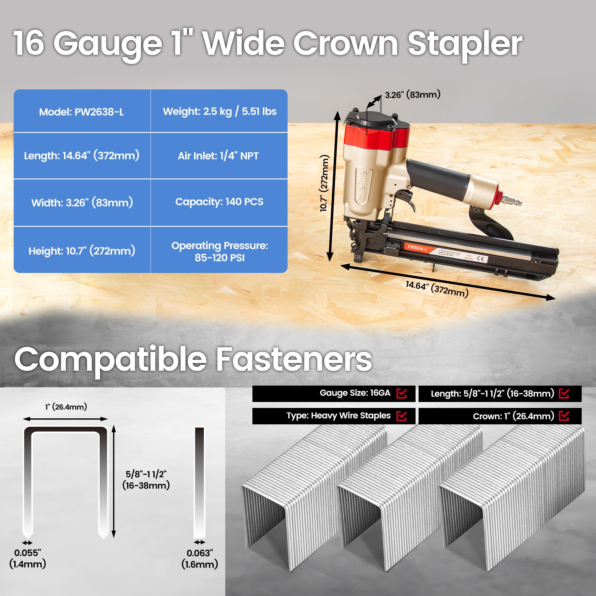 Snapklik.com : Meite 16 Gauge 1-Inch Wide Crown Stapler, Pneumatic Heavy Duty Staple Gun For ...