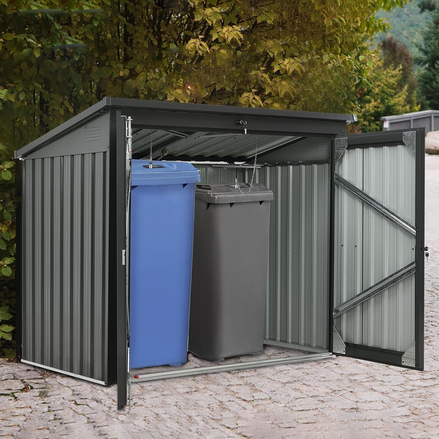 Amazon.com : Metal Outdoor Trash Can Storage Shed, Heavy Duty ...