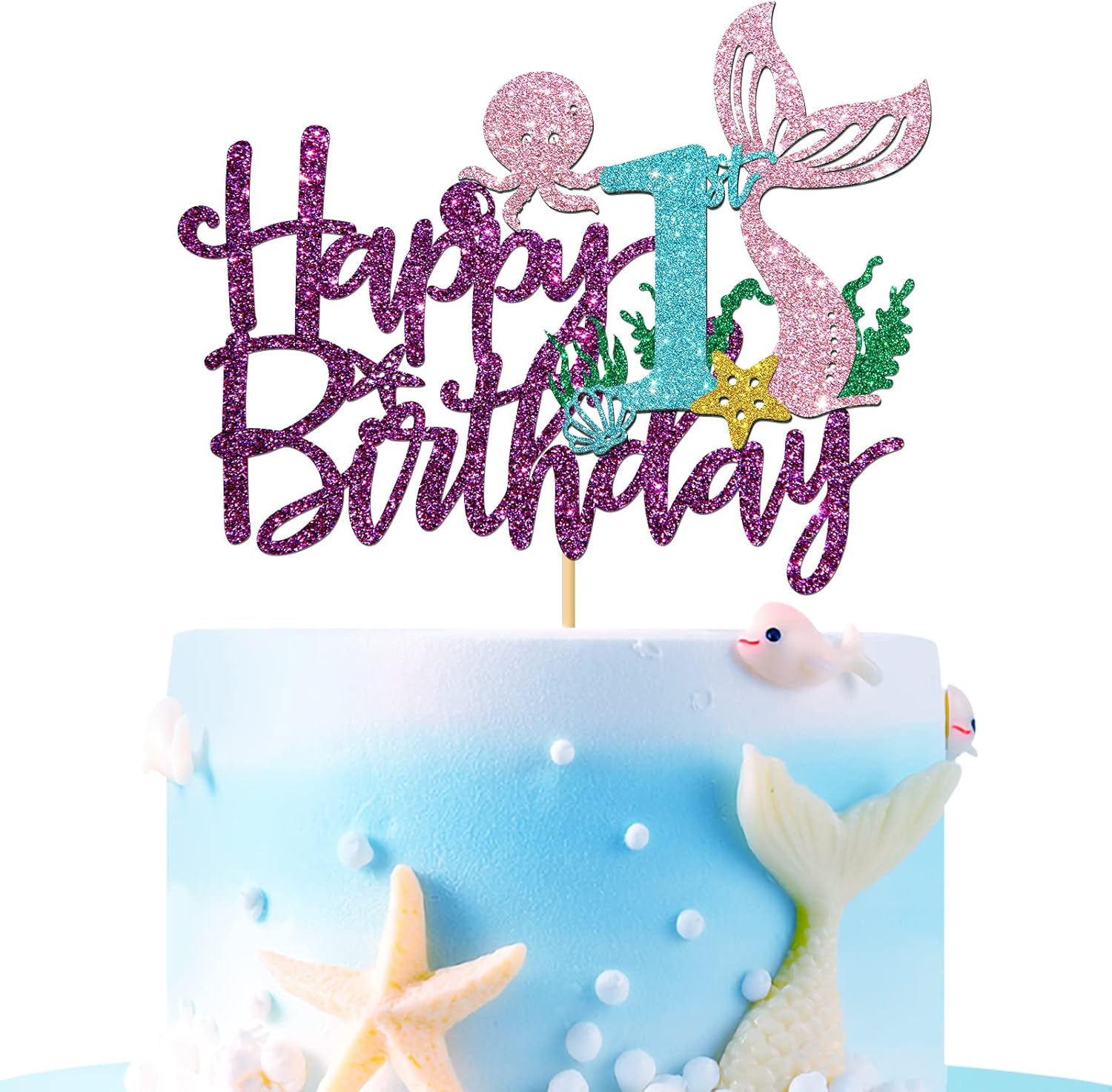 Amazon.com: RoadSea Mermaid Happy 1st Brithday Cake Topper - Under The ...