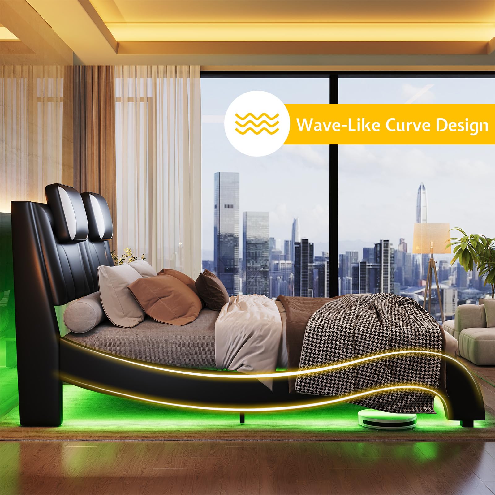 Snapklik.com : Jocisland LED Full Size Bed Frame, Modern Faux Leather ...