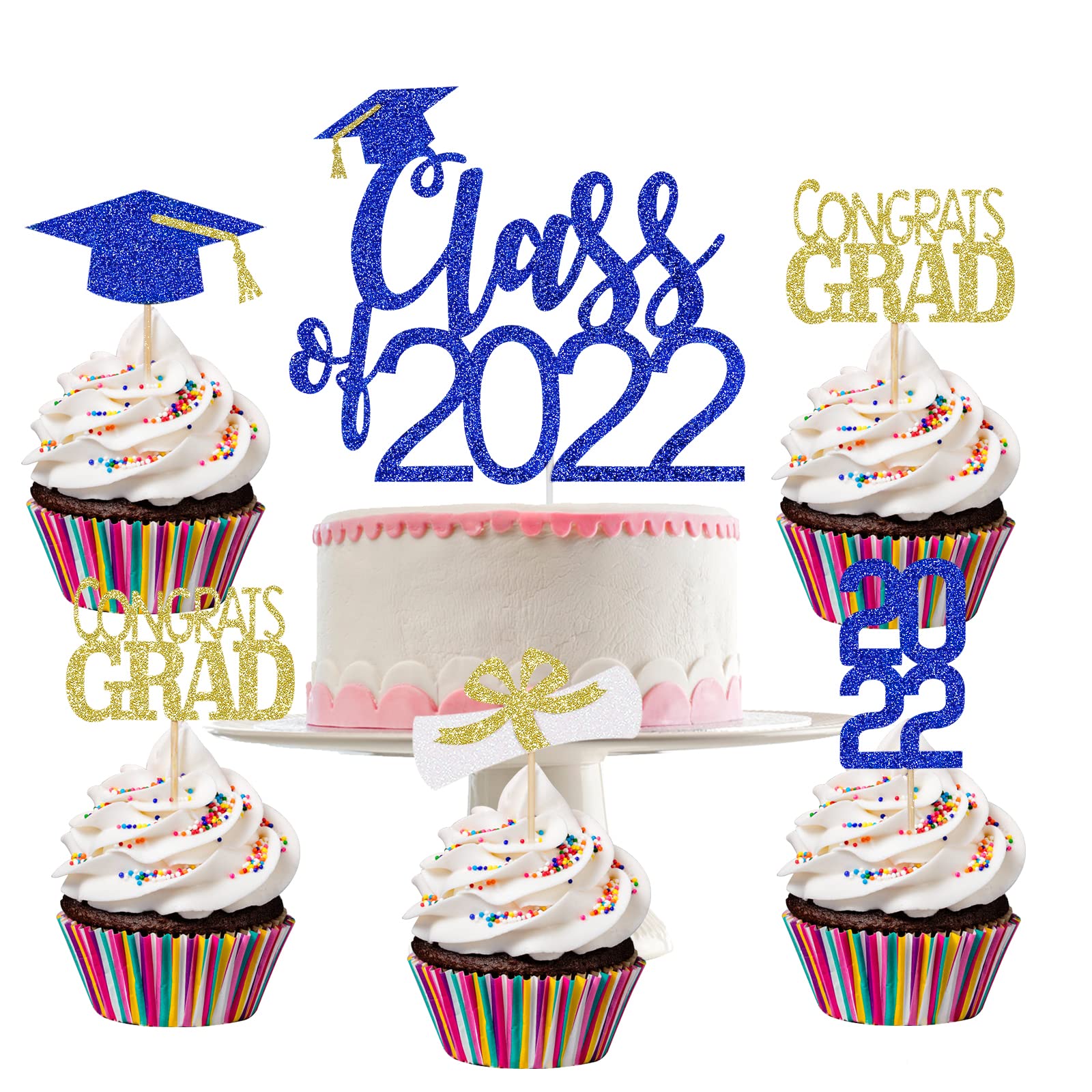 Buy Class of 2022 Cake Topper Blue Glitter and 24Pcs Graduation Cupcake ...
