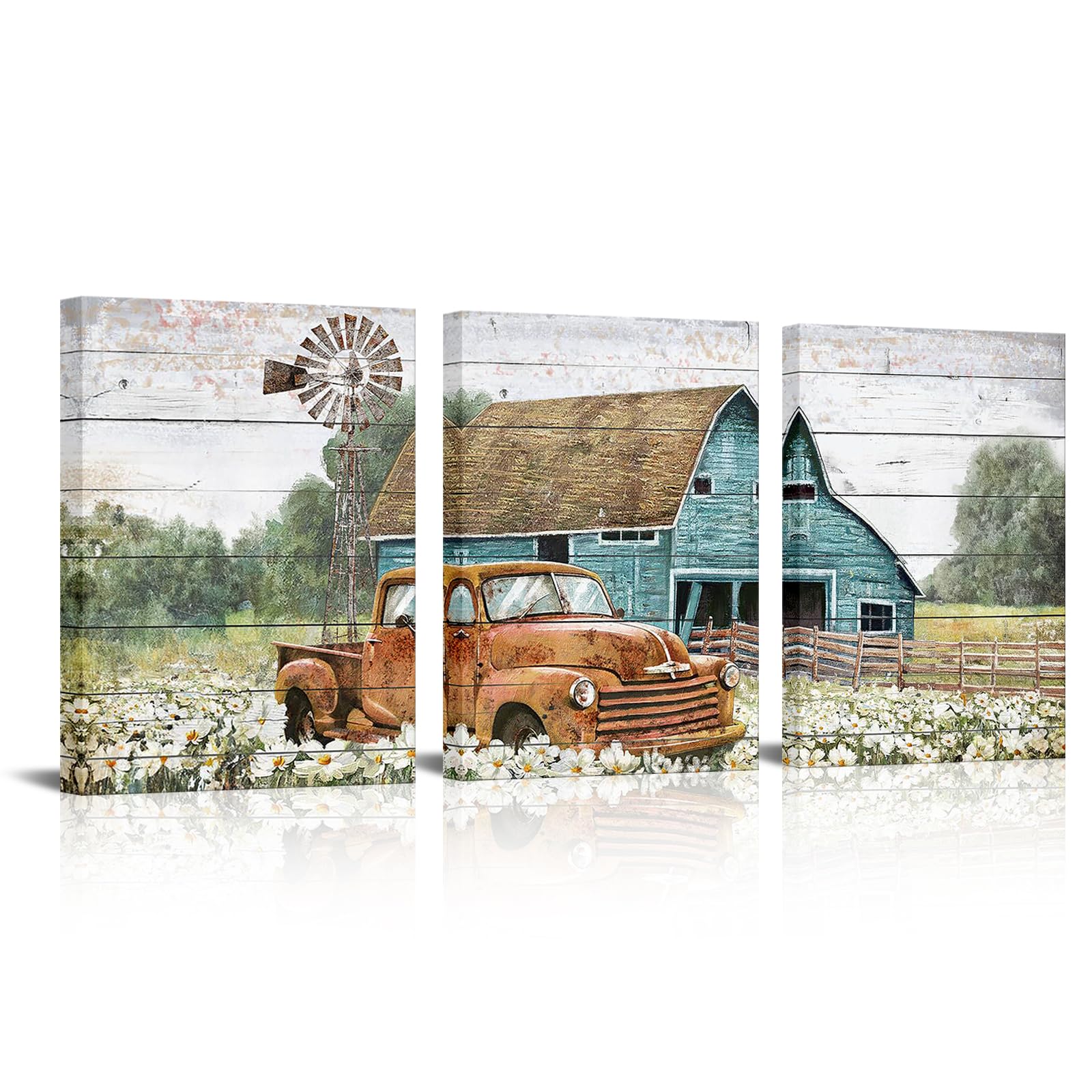 Amazon.com: Farmhouse Canvas Wall Art Framed Landscape Painting Teal ...