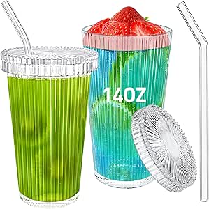zhongko 2 Pcs 375ML Ribbed Clear Glass Cups, Iced Coffee Cup with Lids ...
