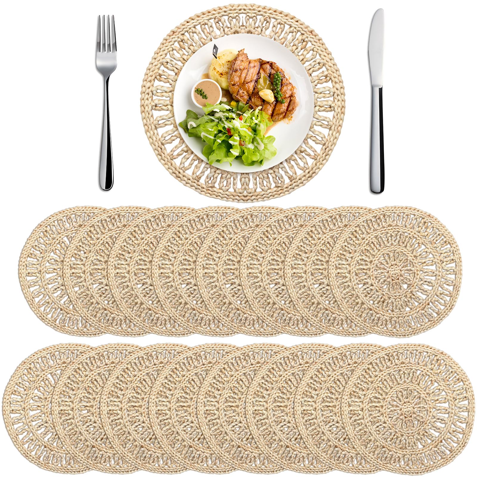 32 Pcs 15 Inch Round Woven Placemats Large Boho Rattan Chargers Natural ...