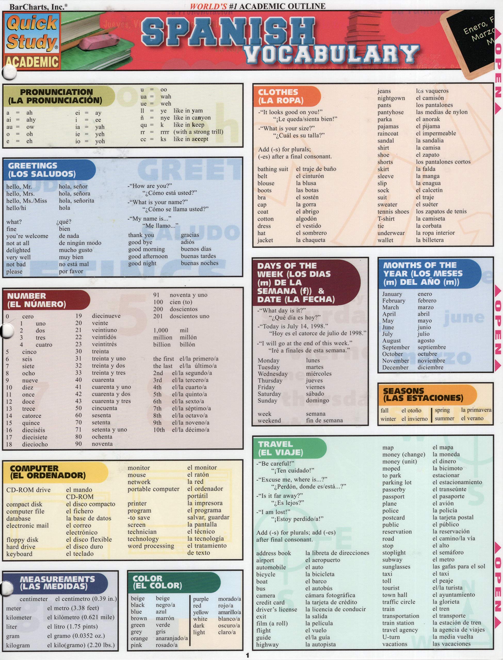 Spanish Vocabulary (Quick Study Reference Guide-Academic): BarCharts ...