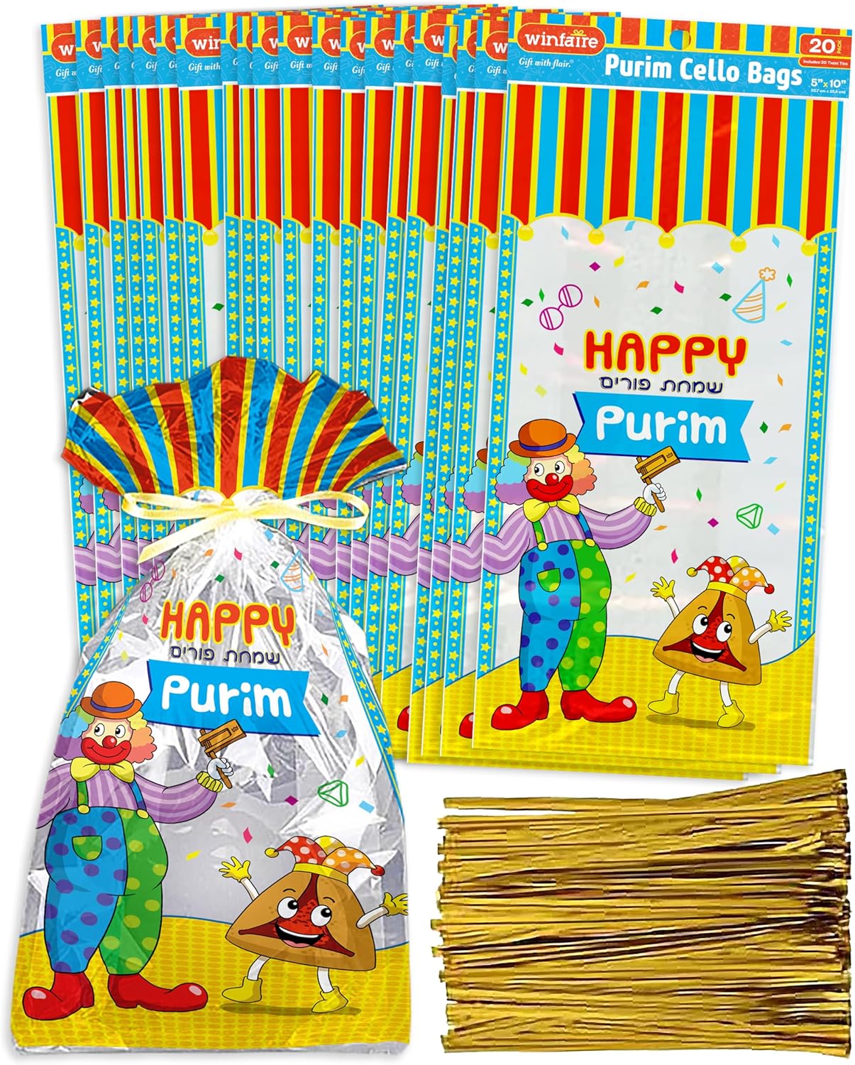 Amazon.com: Winfaire Purim Bags - 20 Pack 5" x 10" Purim Cellophane ...