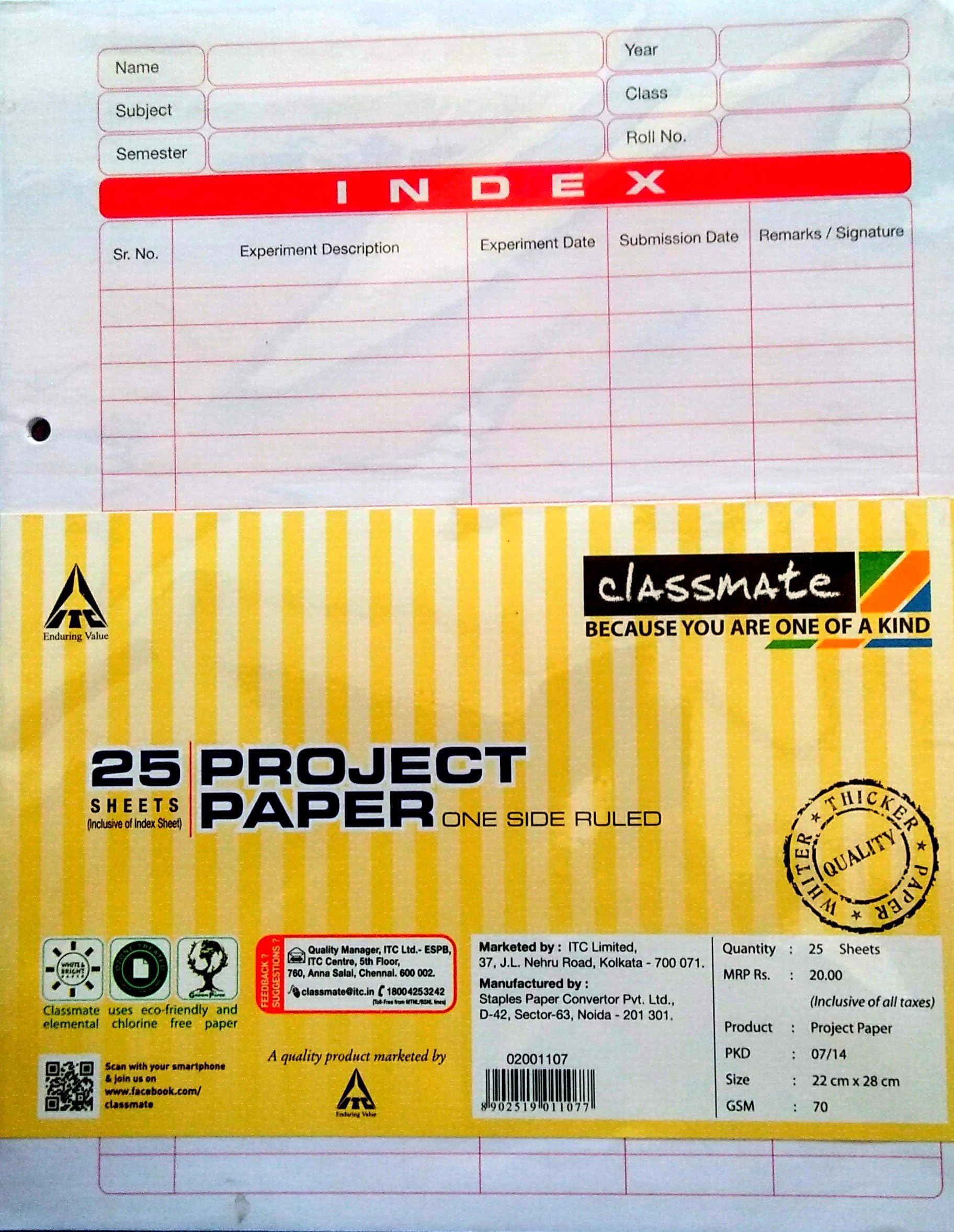 Classmate Project Paper of 25 Sheets One Side Ruled Pack of 5 Packet ...