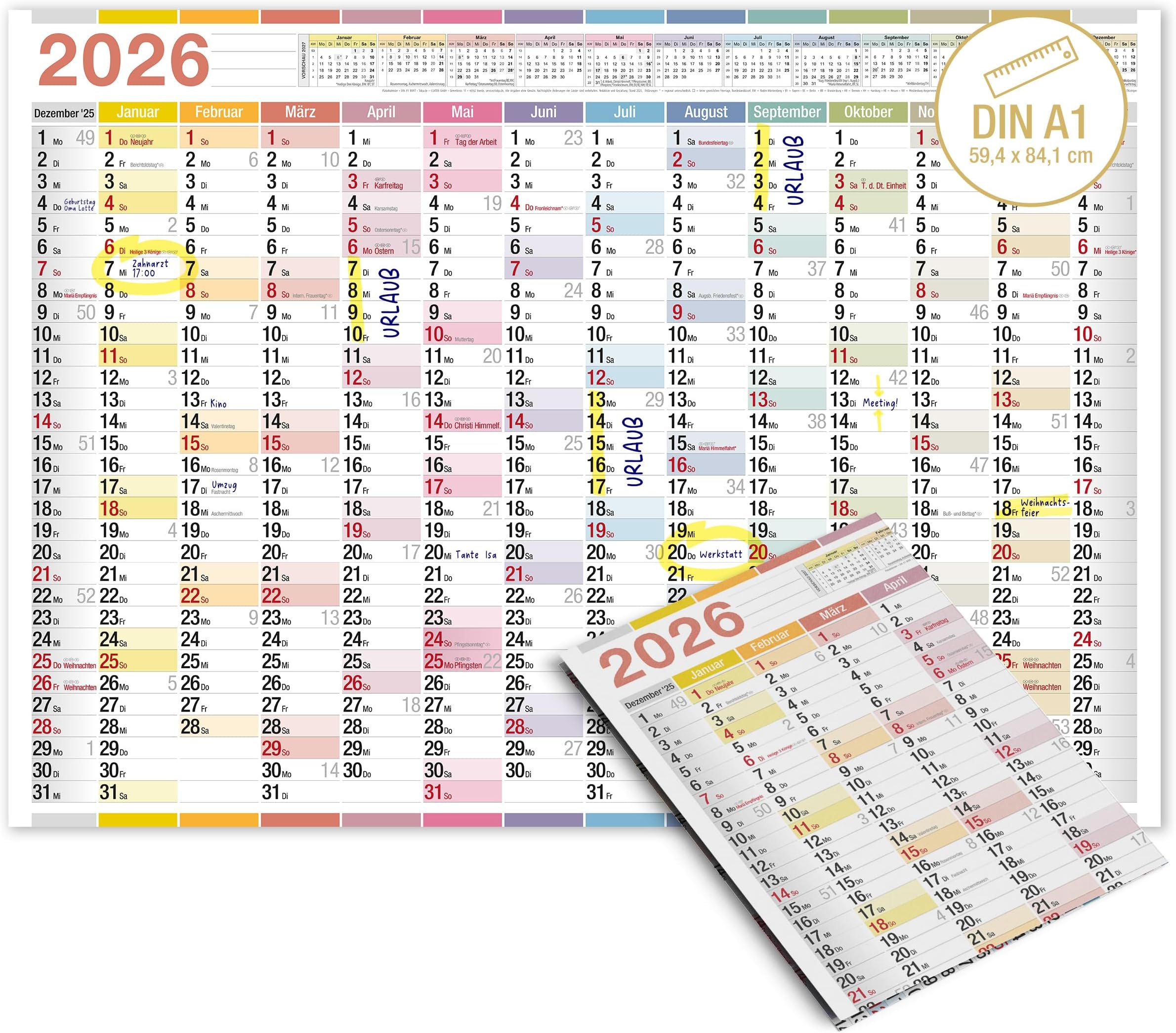 XXL Wandkalender DIN A0 2026 (blau2) große Tageskästchen (Kalender ...