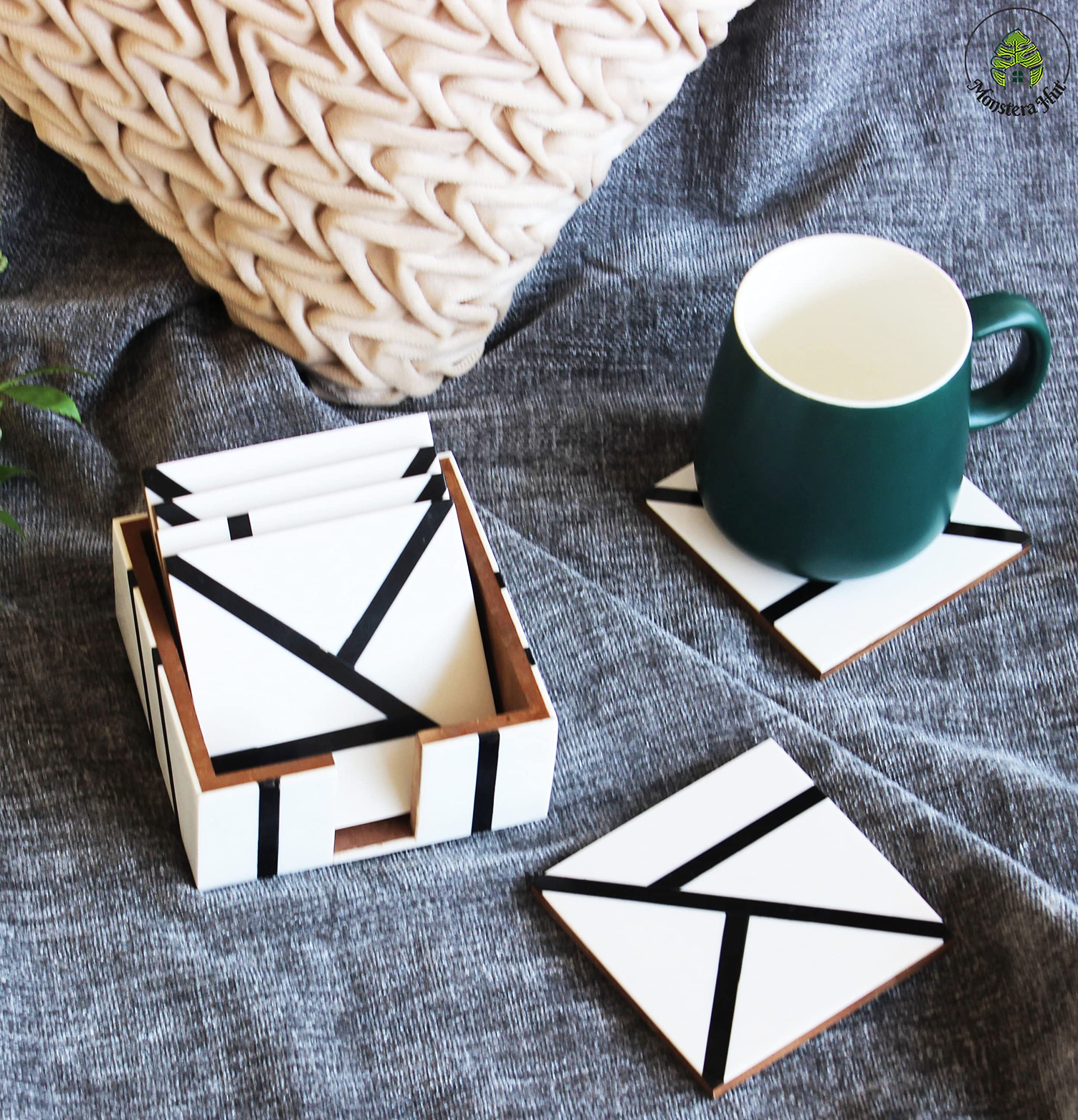 Monstera Hut ® Square Shape Wooden & Resin Coaster | White Coaster for ...