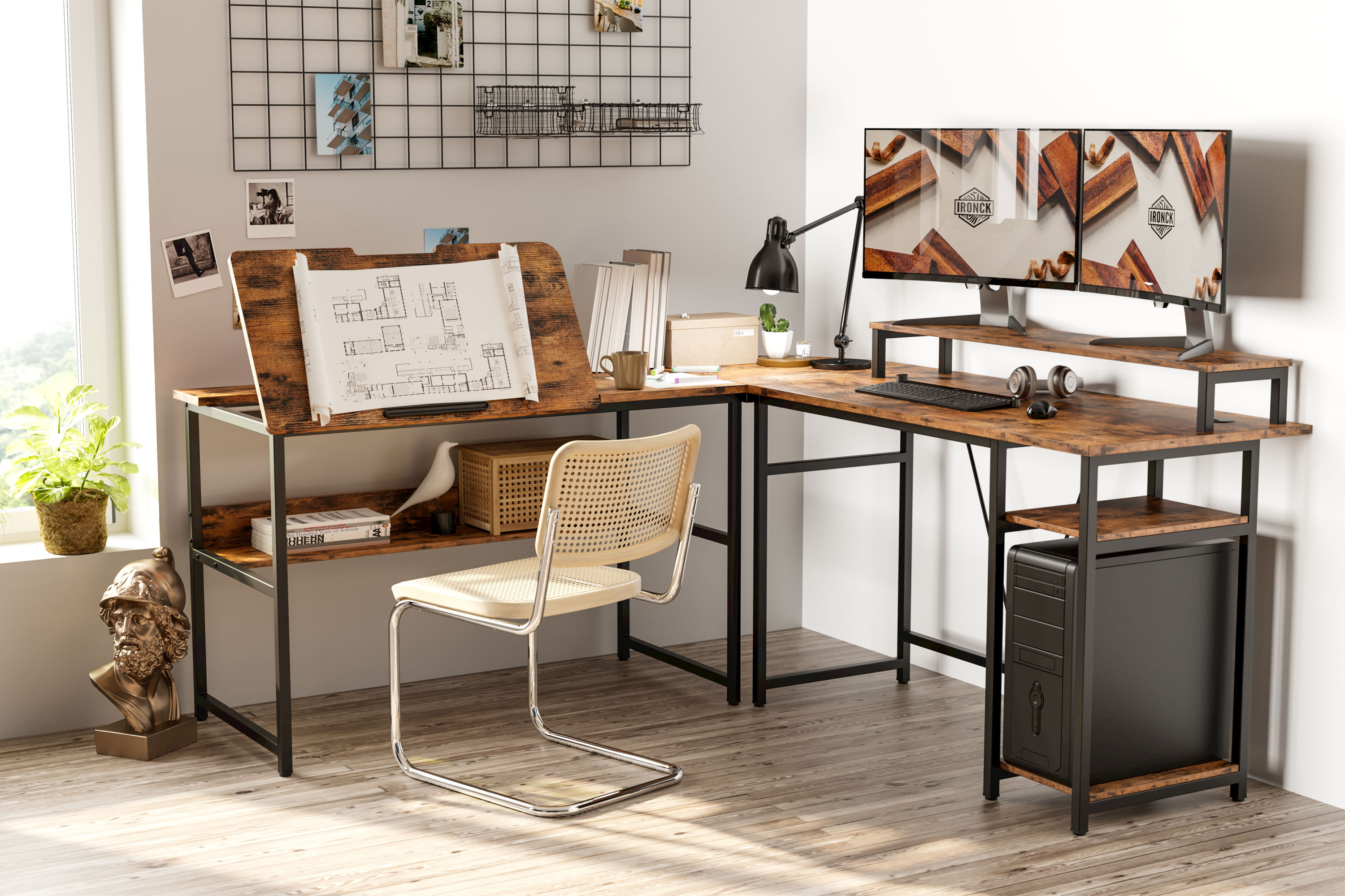 Buy IRONCK L Shaped Desk Drafting Table with Storage Shelves, Corner ...