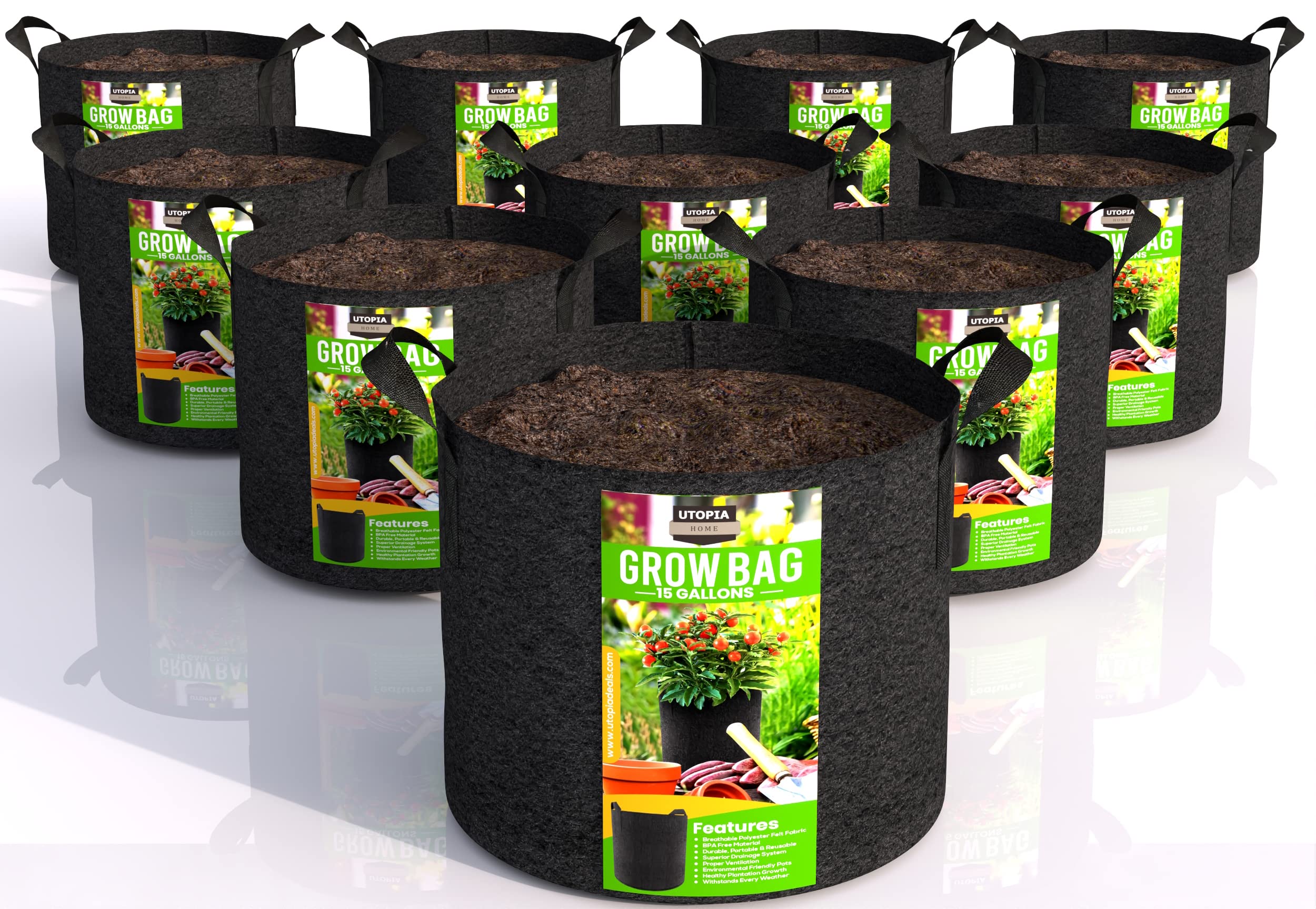 Utopia Home 10 Pack 15 Gallon Grow Bags, Thickened Nonwoven Fabric Pots ...