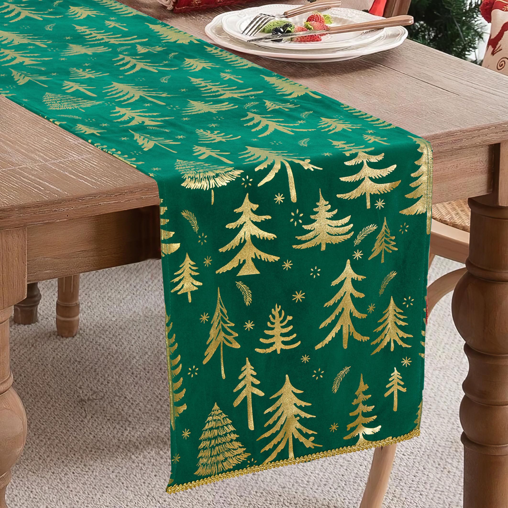 Amazon.com: WHOMEAF Christmas Green Gold Velvet Table Runner Tree Xmas ...