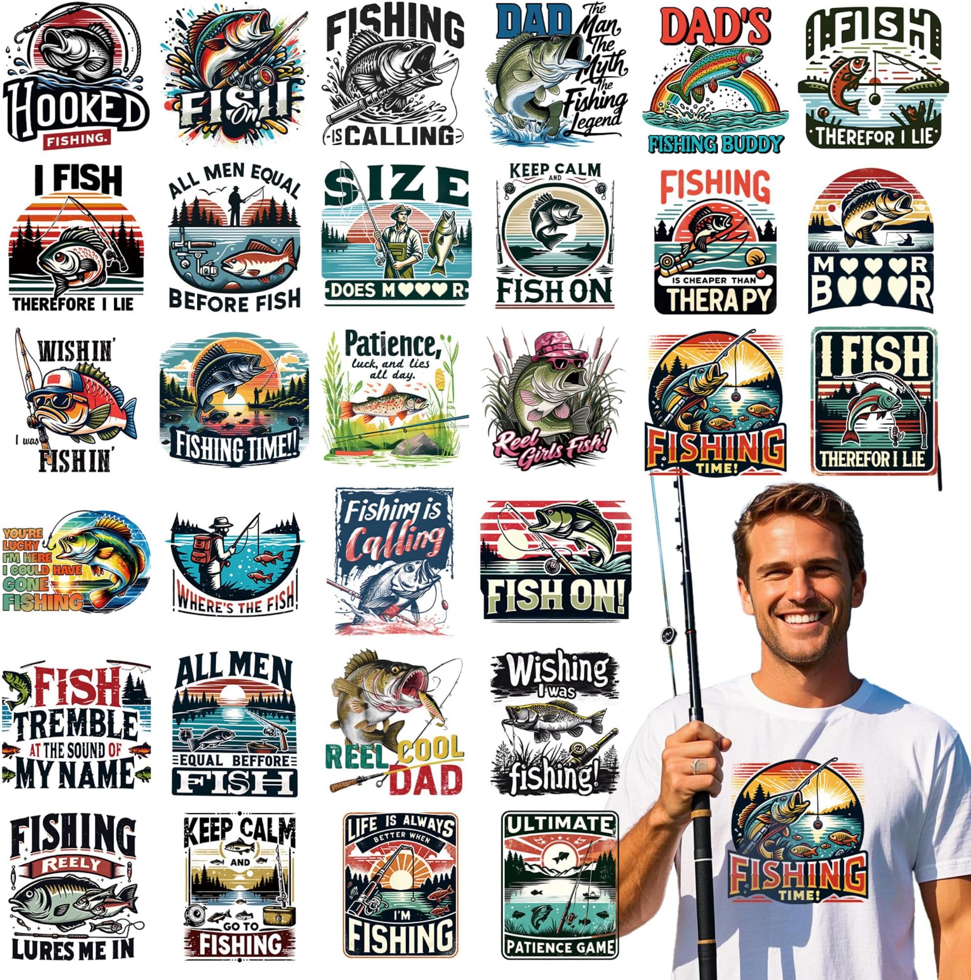 Amazon.com: CRASHOT Fishing Iron on Transfers for T-Shirts, 12 PCS ...