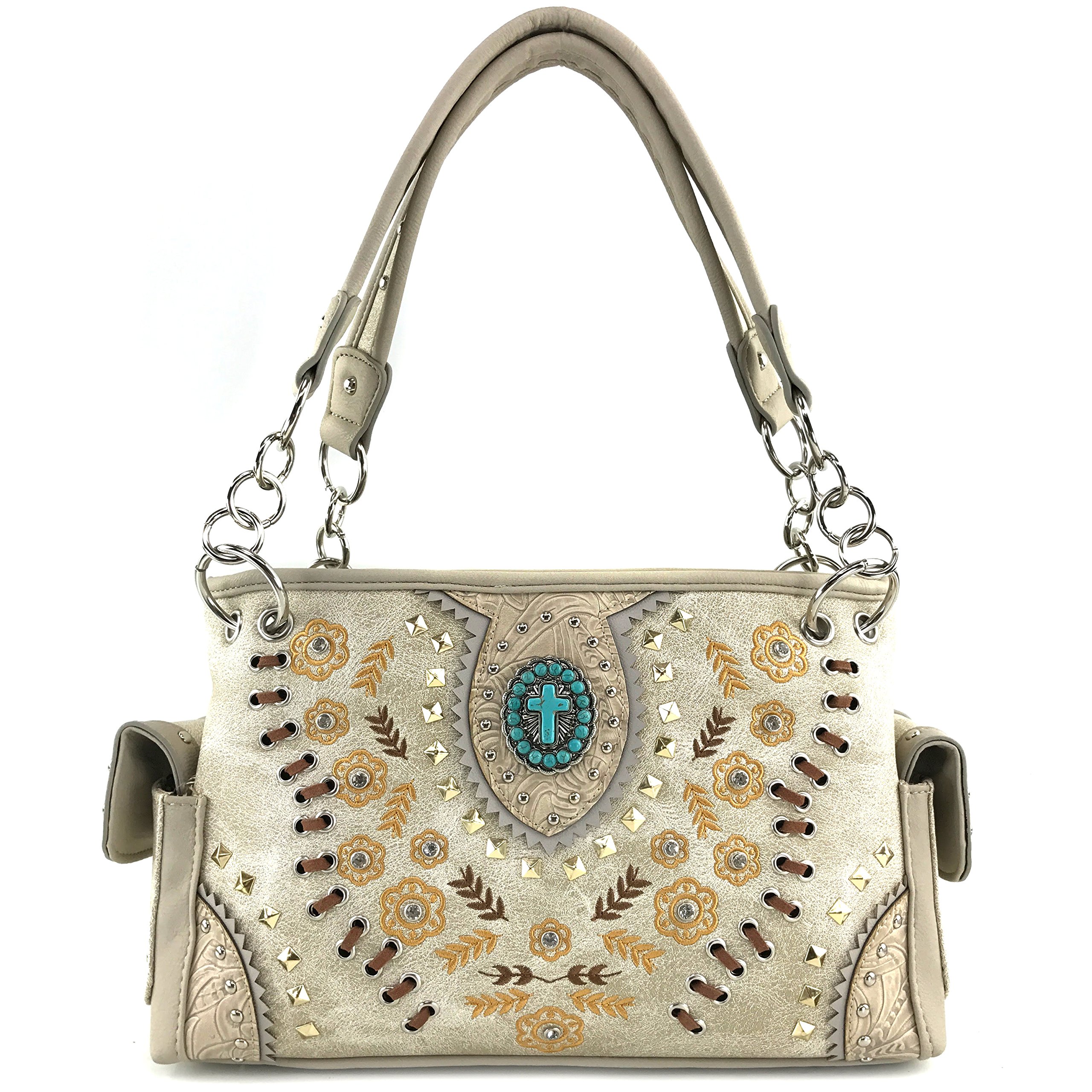 Justin West Floral Tooled Embroidered Western Turquoise Stone Cross ...