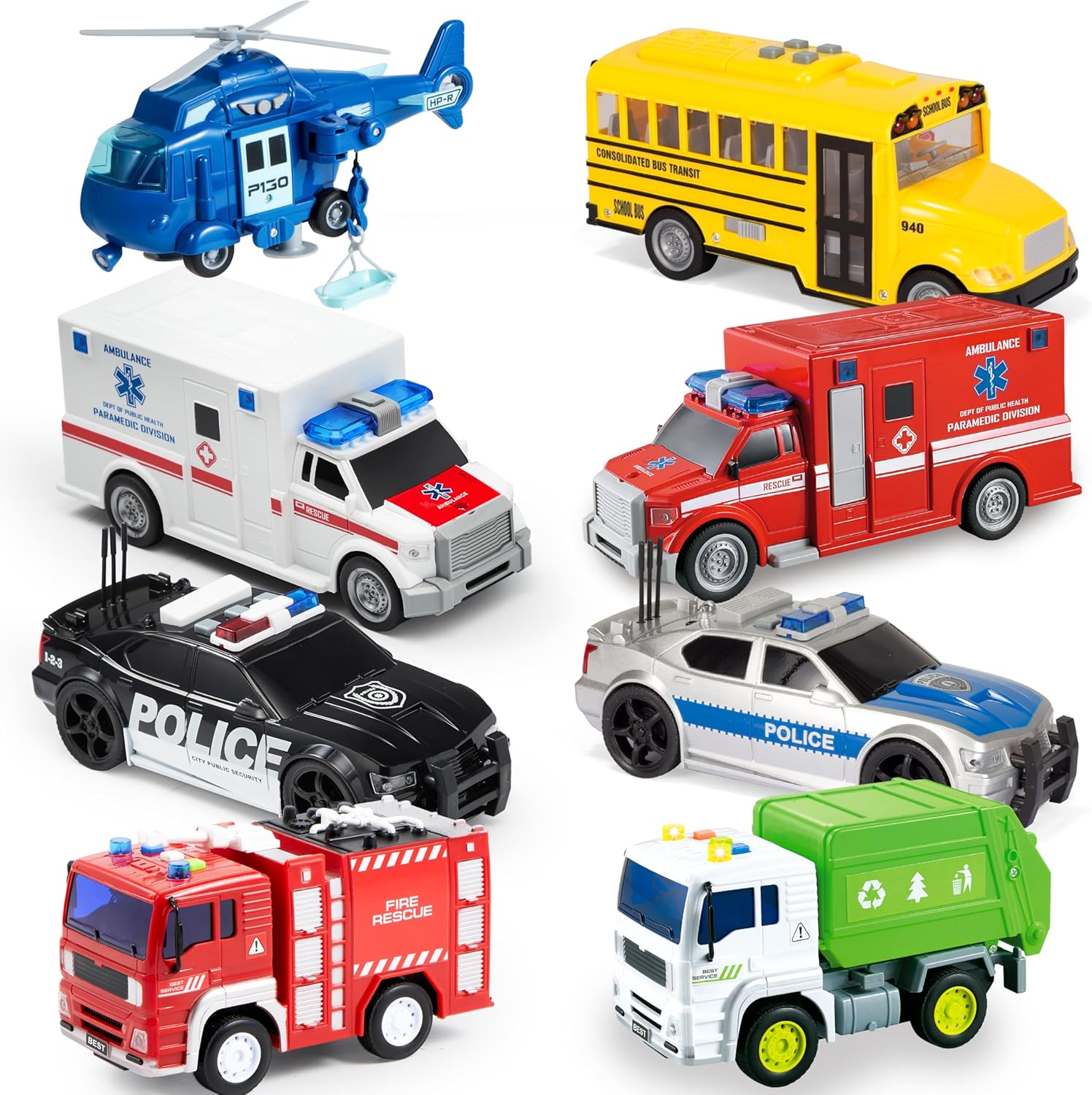 Amazon.com: JOYIN 4 Packs Emergency Vehicle Toy Playsets and 4 Pcs 7 ...
