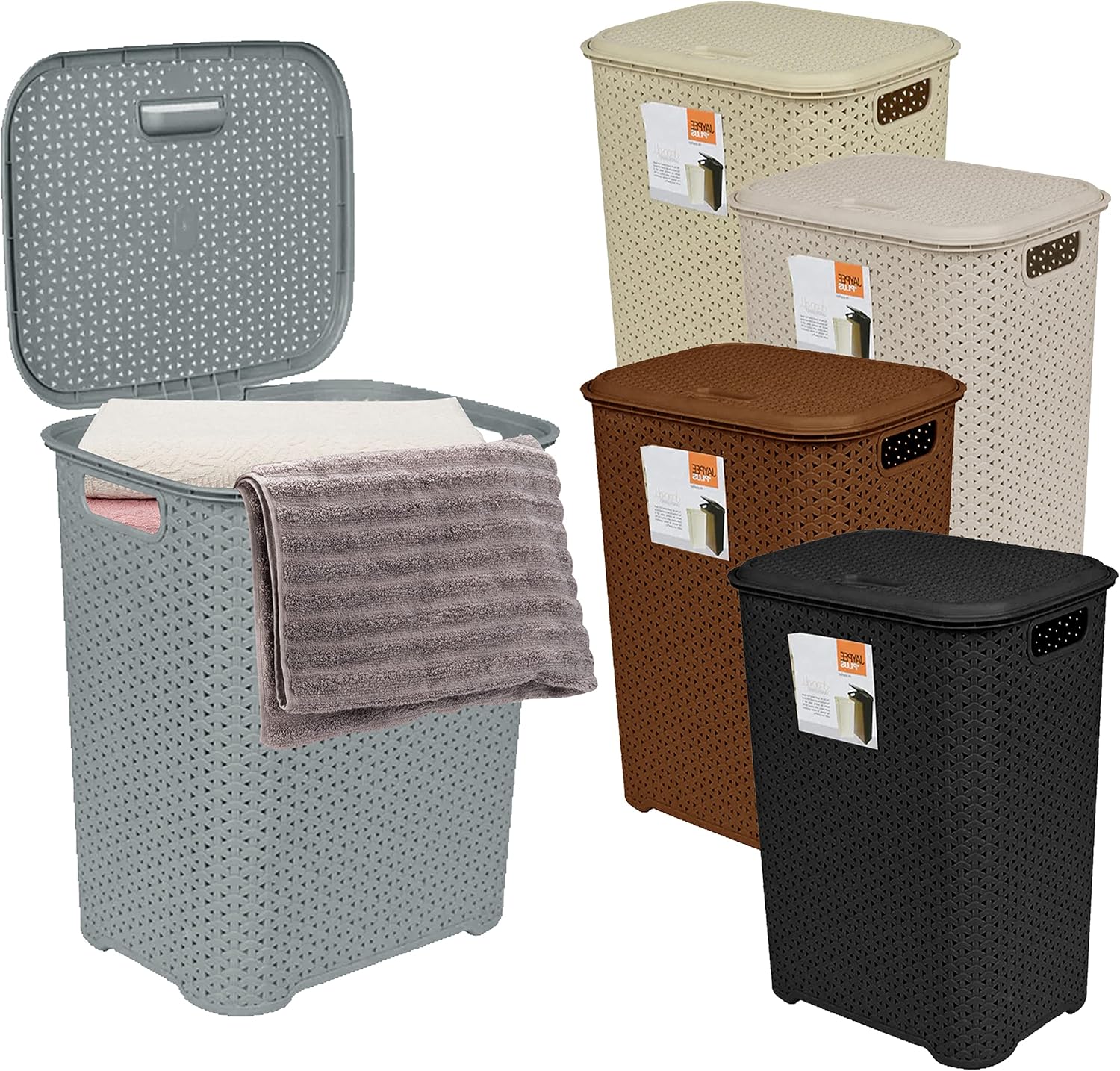 1x 65L Litre Large Laundry Basket With Lid Rattan Style Knit Design ...