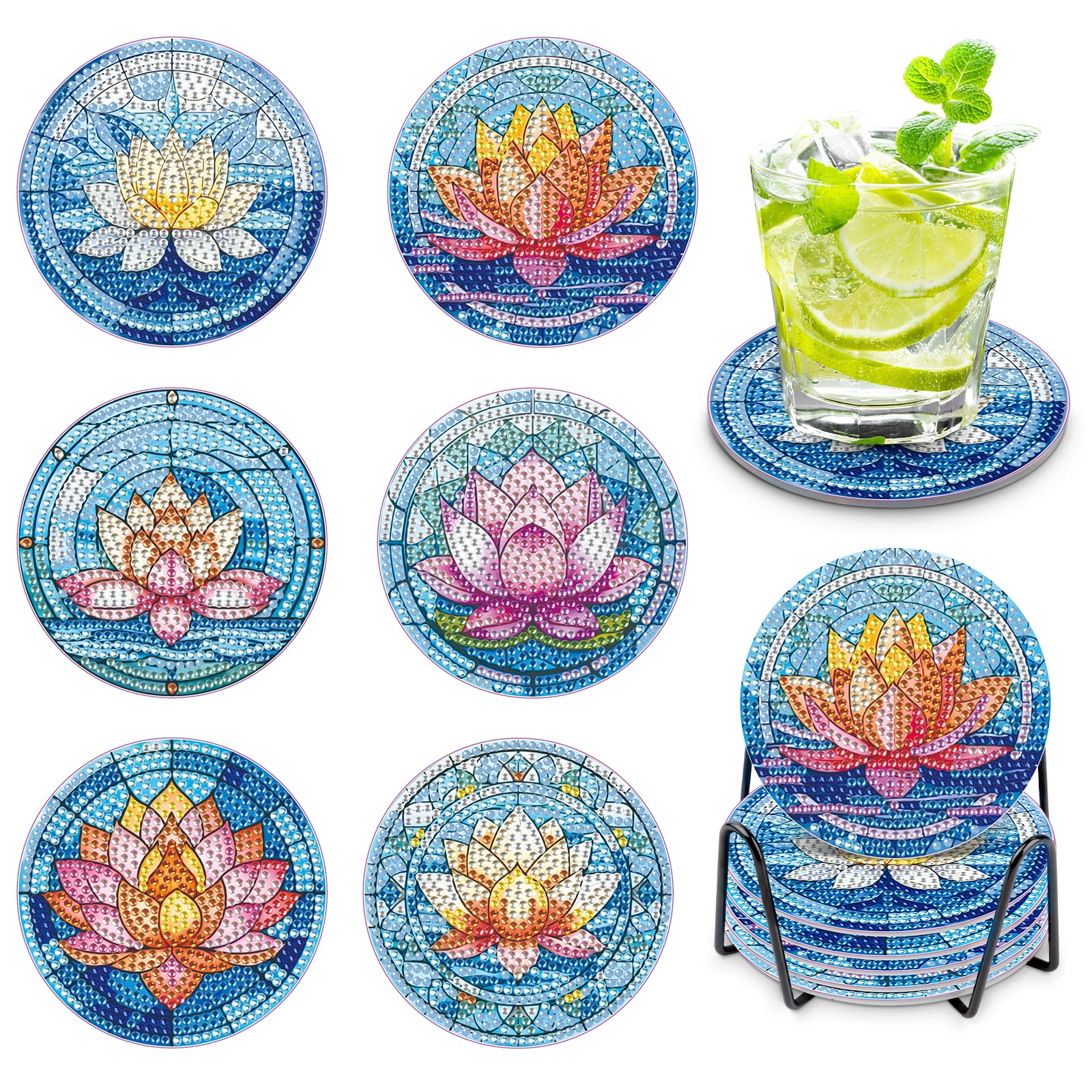 MXJSUA 6 PCS Diamond Art Coasters Stained Glass Flower Diamond Painting ...