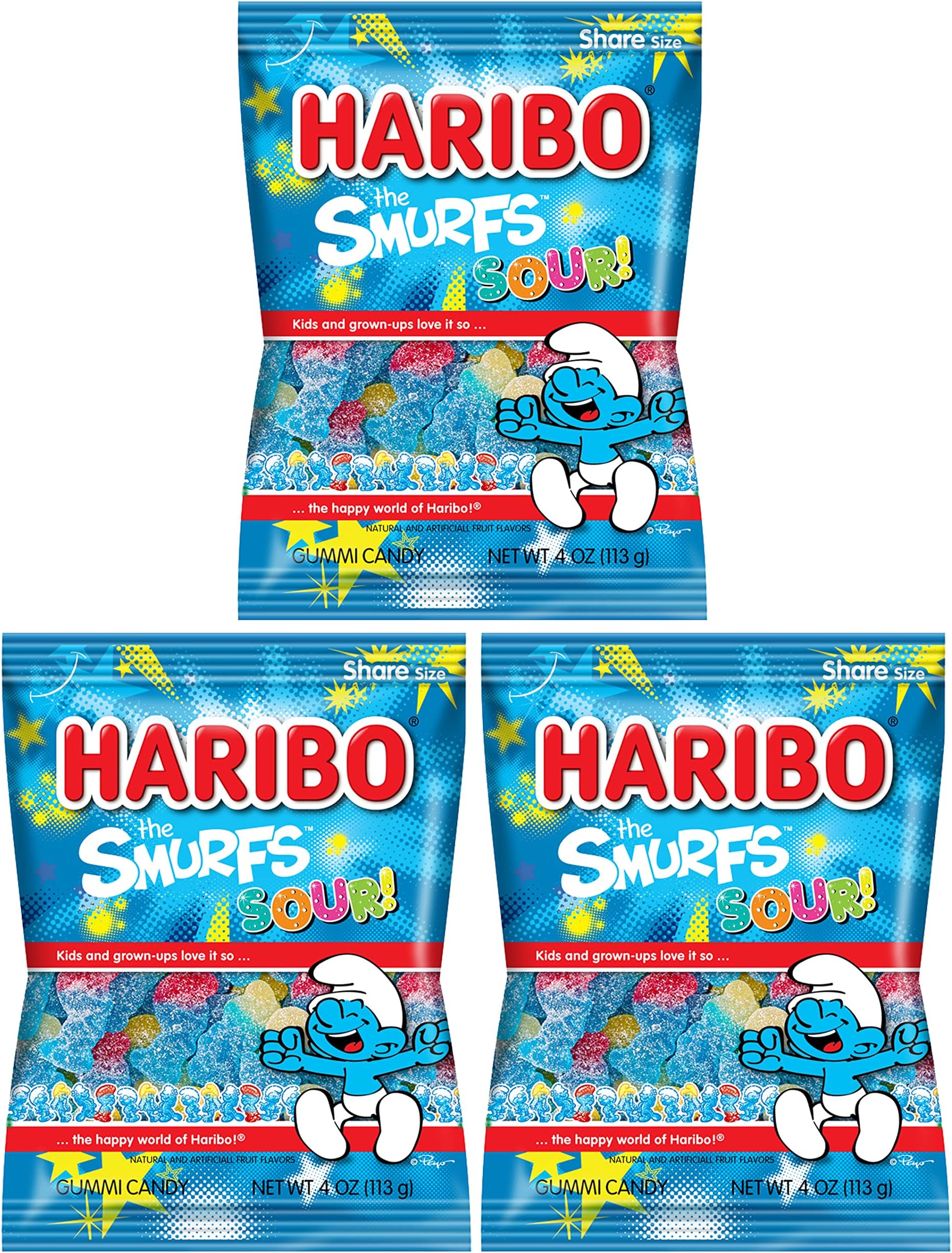 Amazon.com : Haribo Sour Smurfs Pack of 3 (4oz Bags) Sweet and Sour ...