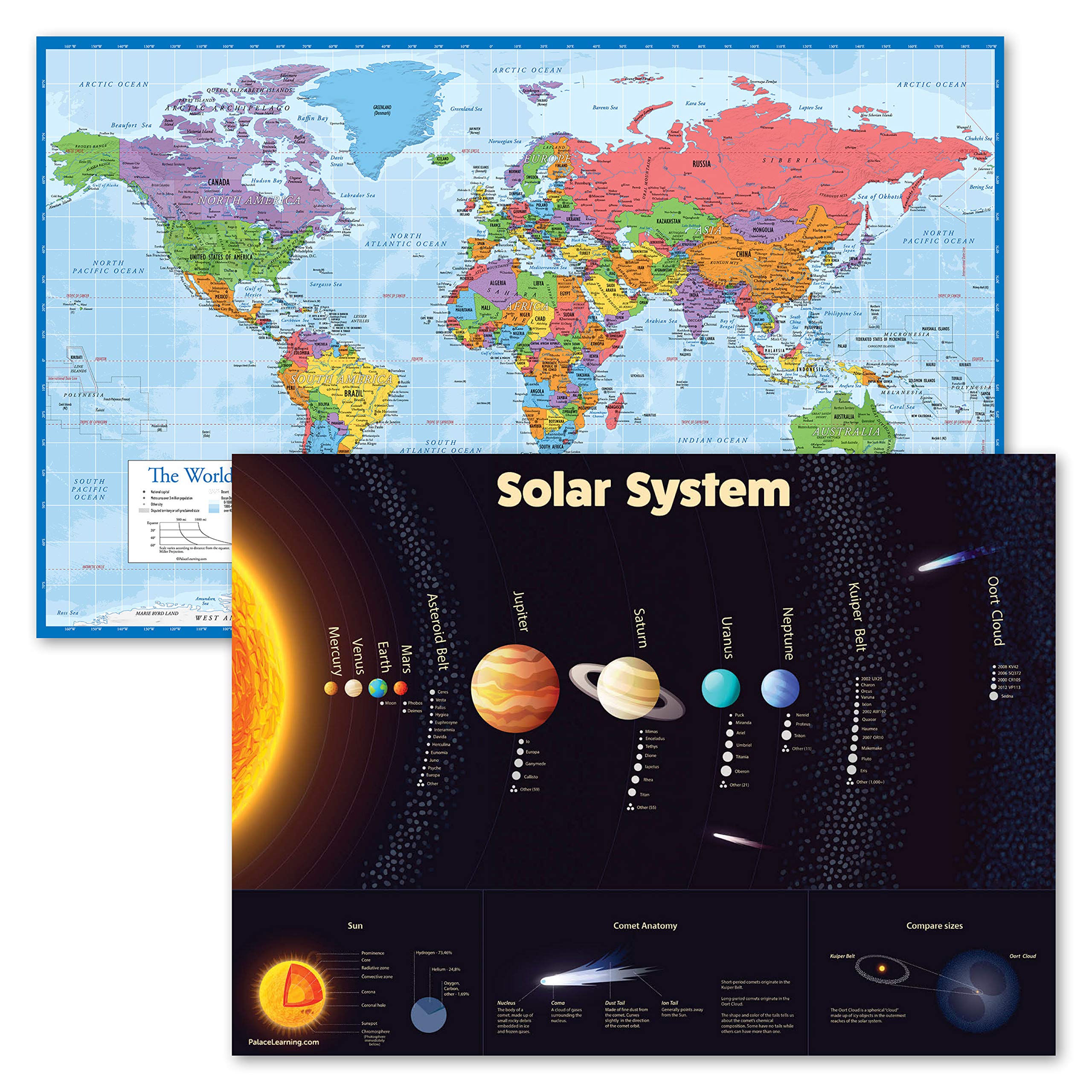 Buy 2 Pack - Solar System Poster for Kids & World Map Chart [Blue Ocean ...