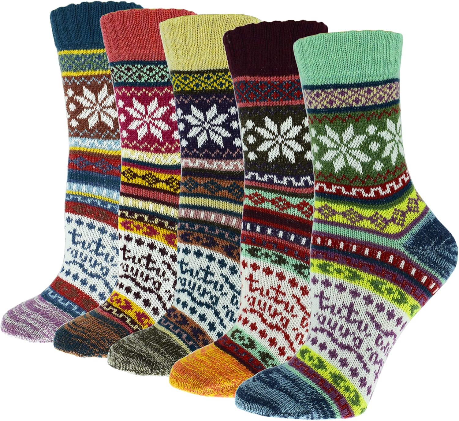 Fly love 5 Pairs Womens Vintage Wool Socks Winter Warm Hiking Thick ...