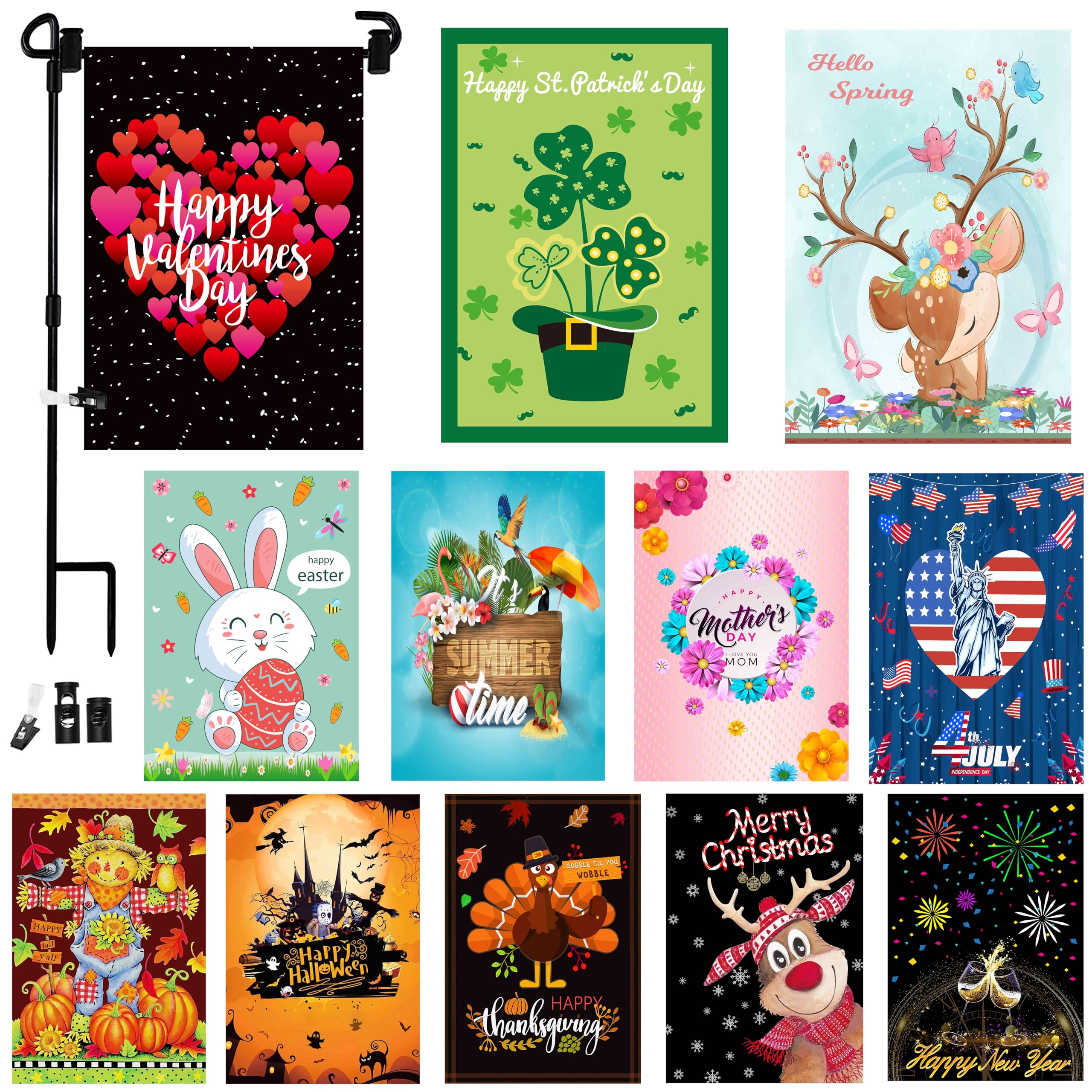 Amazon.com : Seasonal Garden Flags Set of 12 and Garden Flag Stand ...