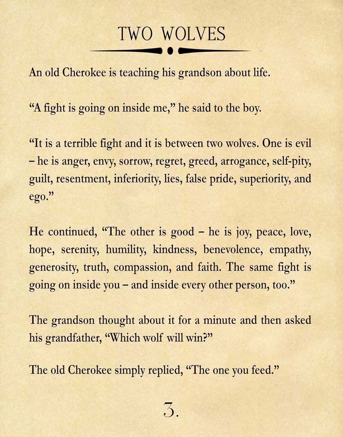 Two Wolves Story Large Book Page Wall Art Book Page Quote Cherokee ...