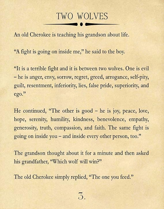 Two Wolves Story Large Book Page Wall Art Book Page Quote Cherokee ...