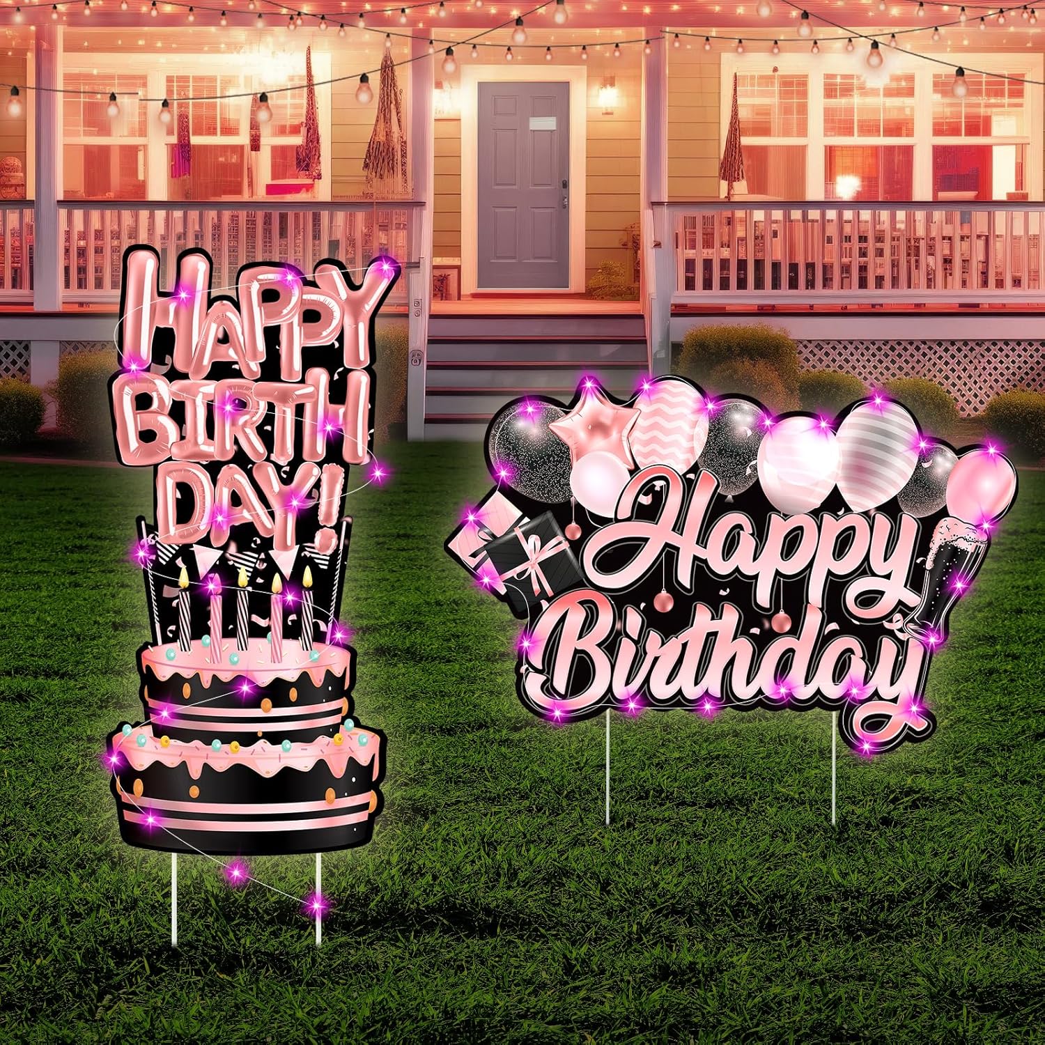 Amazon.com : 2 Pack Birthday Yard Signs with LED String Light Rose Gold ...