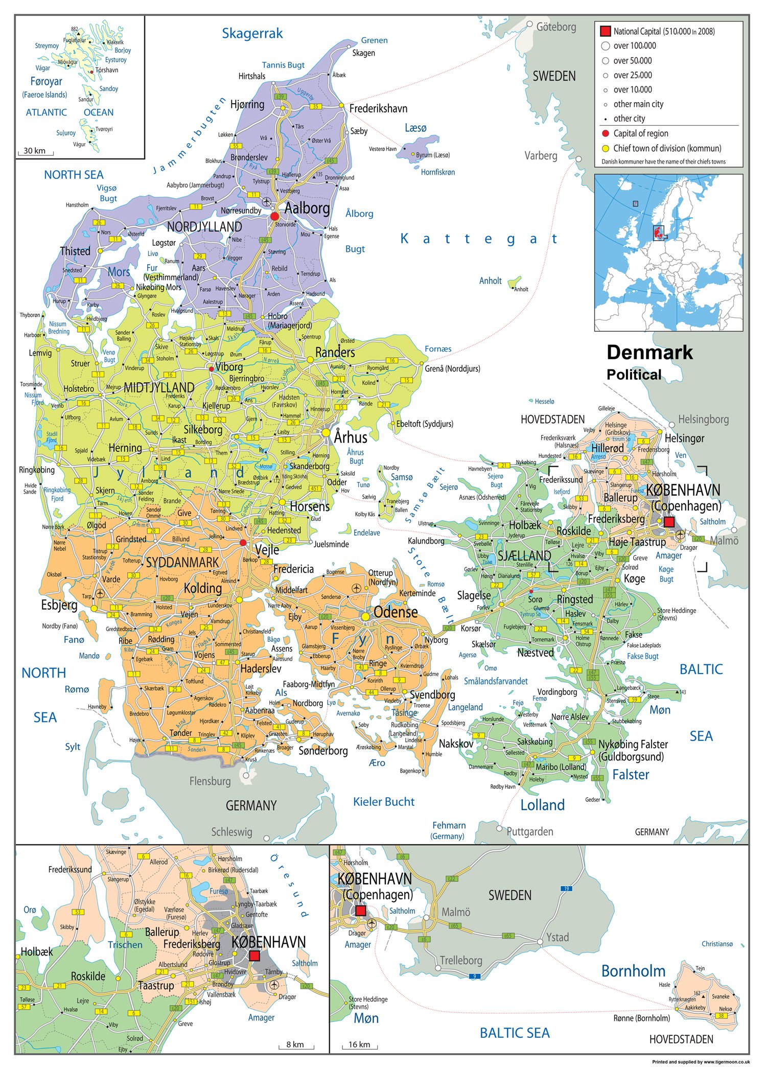 Political Map of Denmark - Size A0-84.1 x 118.9cm - Paper Laminated ...