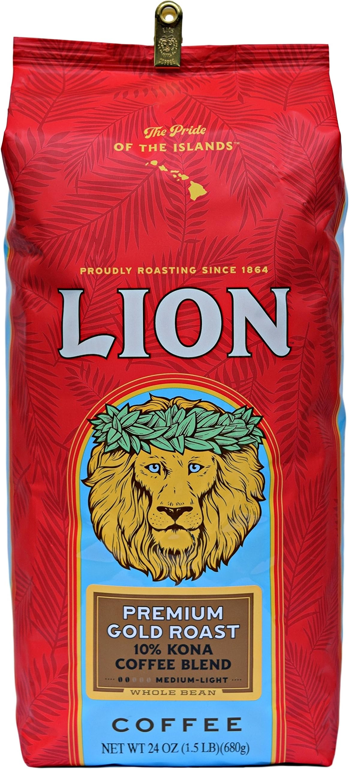 Amazon.com: Lion Coffee Premium Gold Roast Whole Bean Coffee, 10% Kona ...
