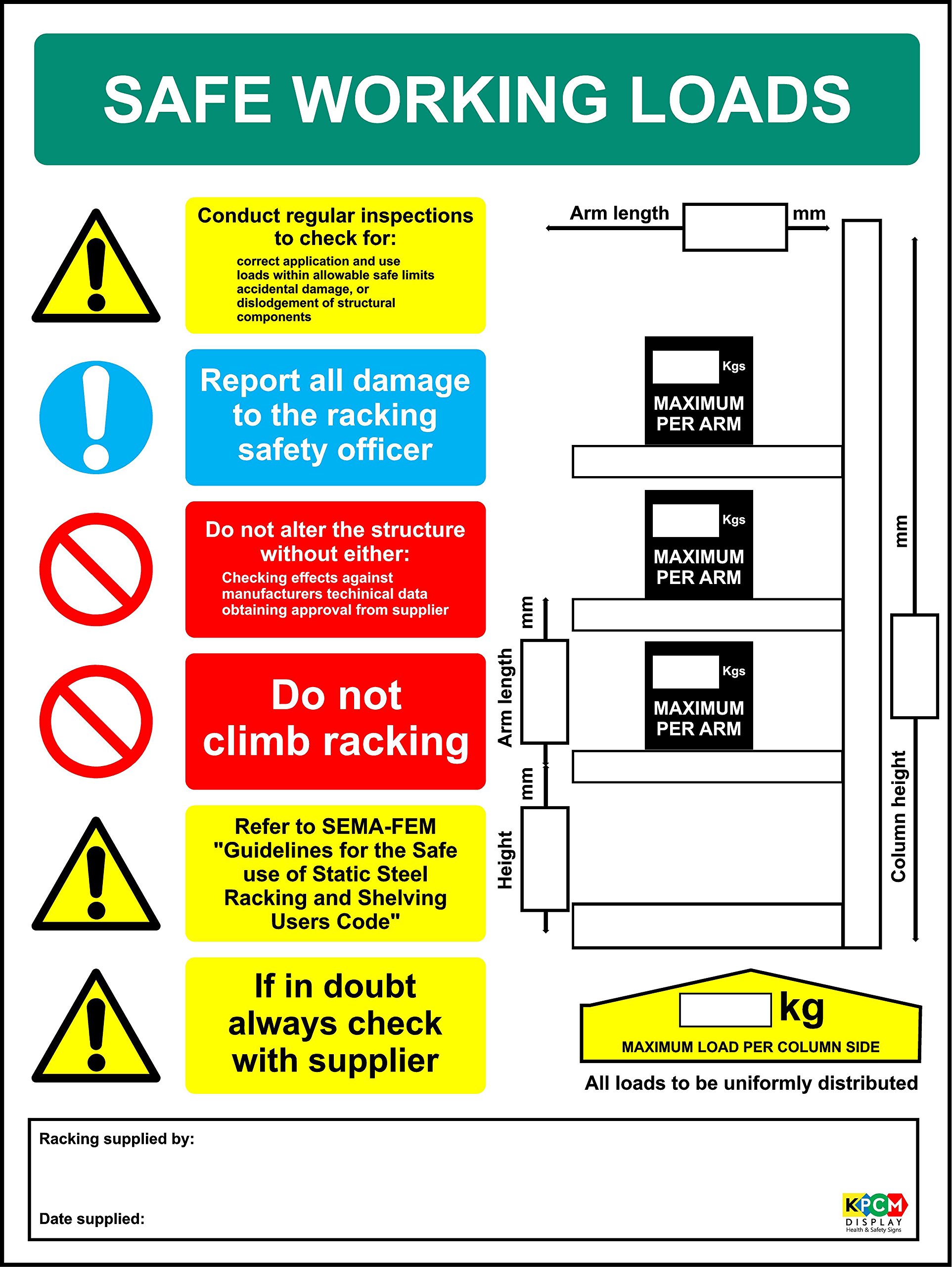 Safe working loads cantilever racking signs - 400mm x 300mm 1.2mm rigid ...