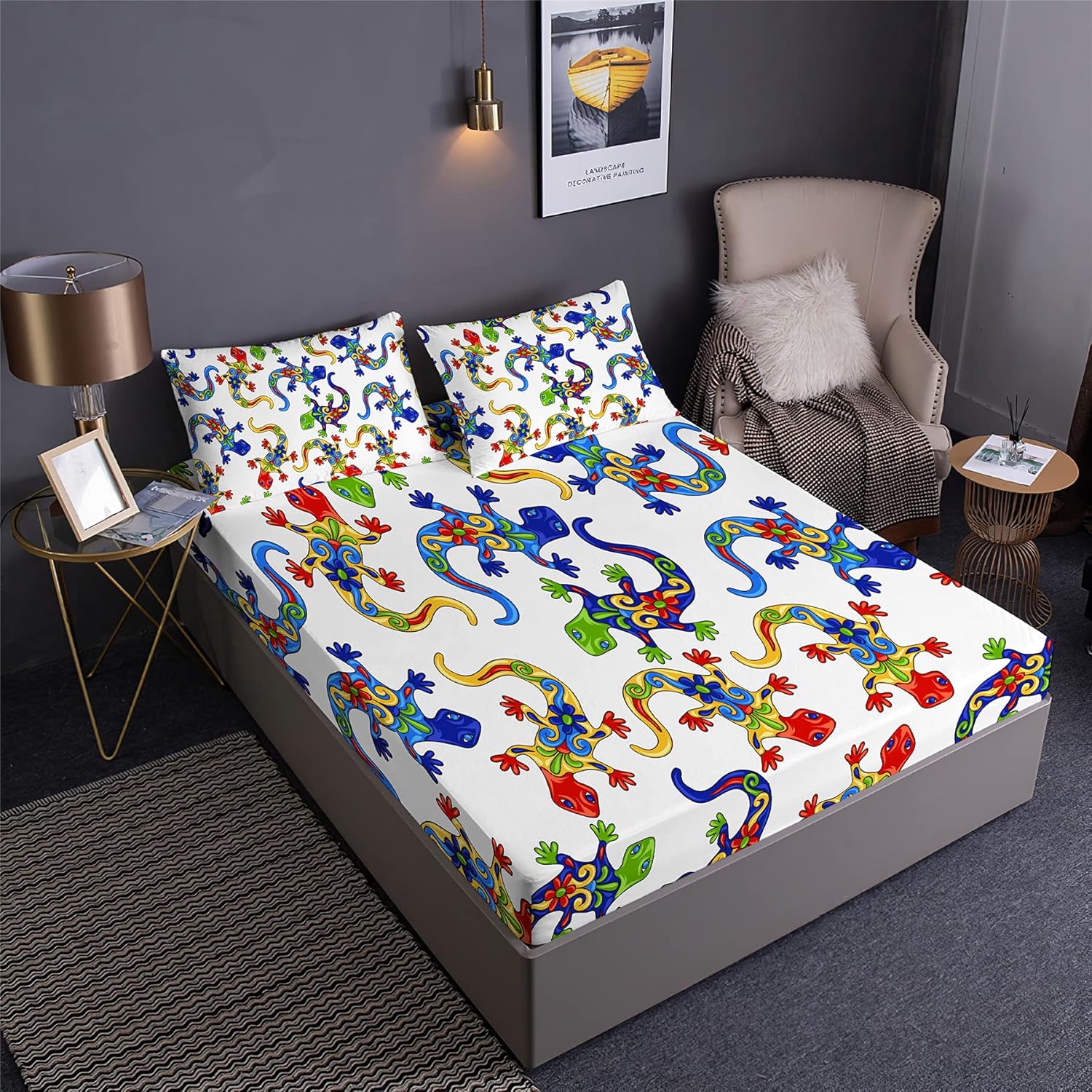 Amazon.com: NOADREAM-Cartoon Hand-Drawn Lizard Reptiles Bedding Fitted ...