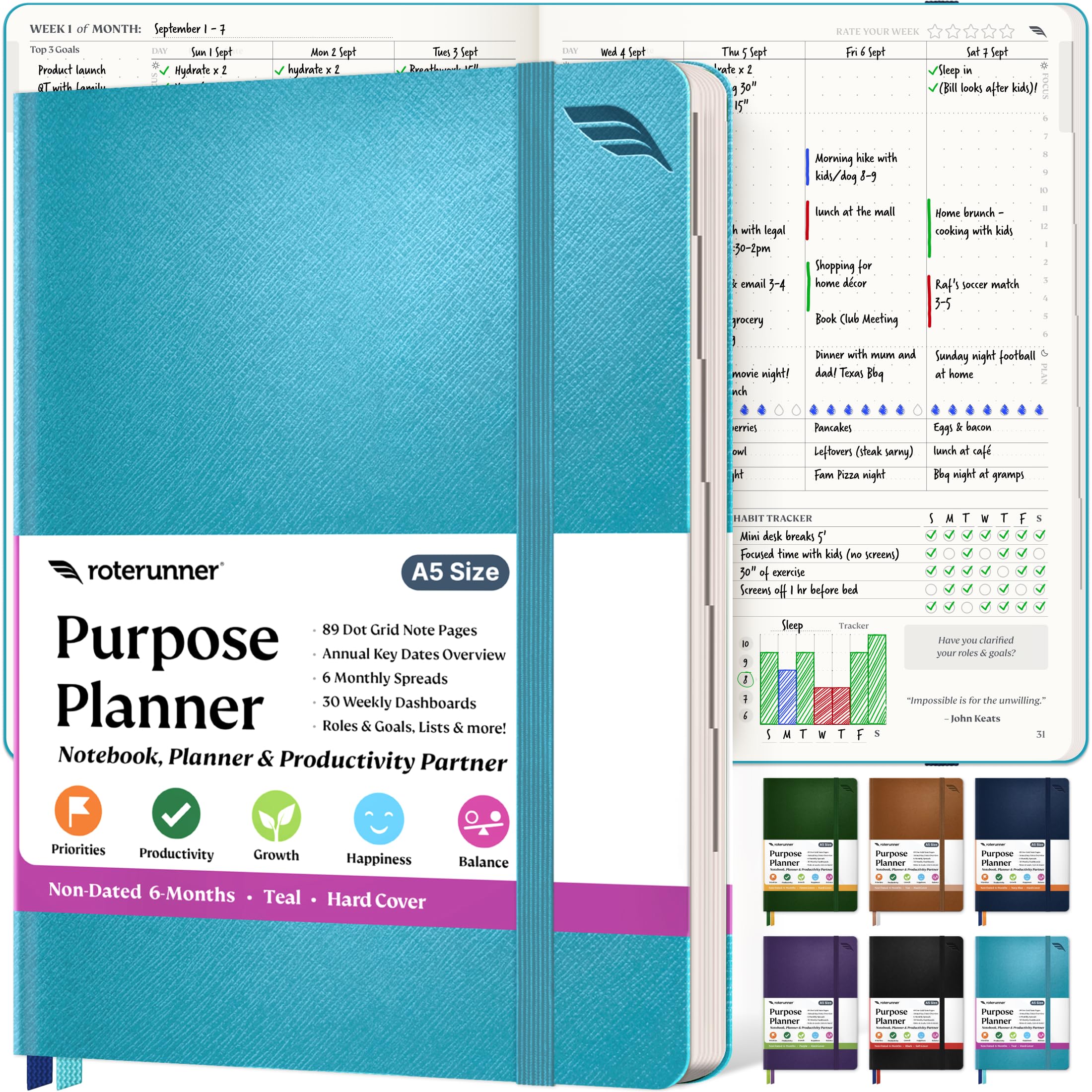 Amazon.com : Roterunner Purpose Planner Notebook A5 5.8”x8.3” Undated ...