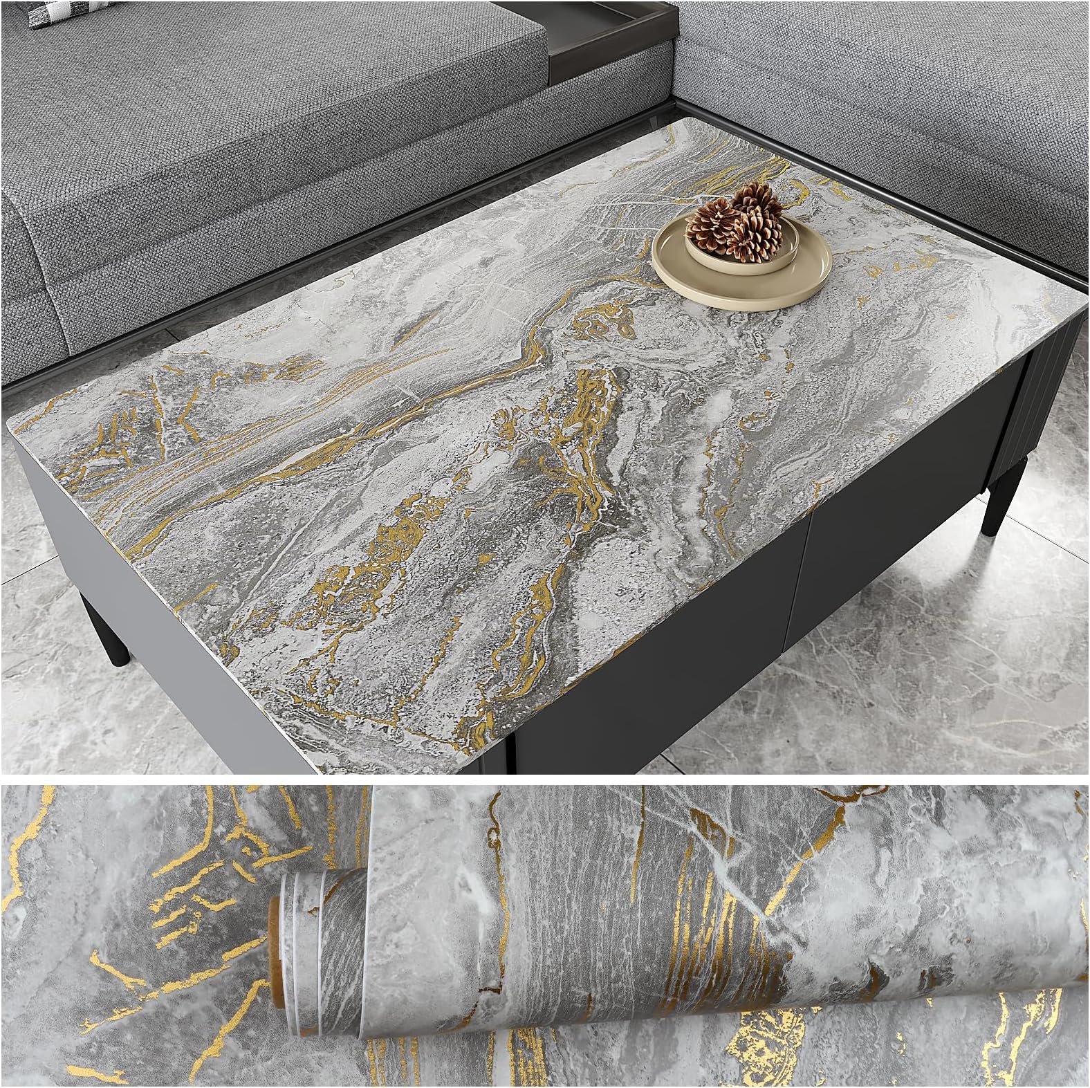 VEELIKE Vintage Grey Gold Marble Wallpaper Thicken Grey Marble Contact ...