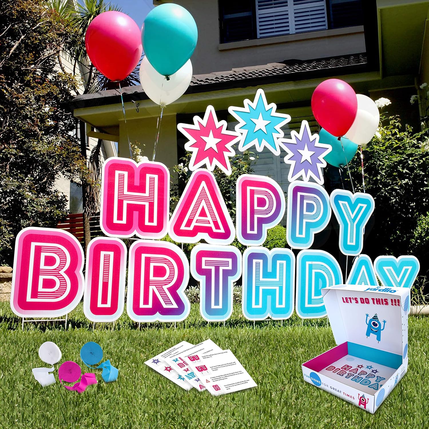 19 Pieces Happy Birthday Yard Sign with metal Stakes, Stars & Streamers ...