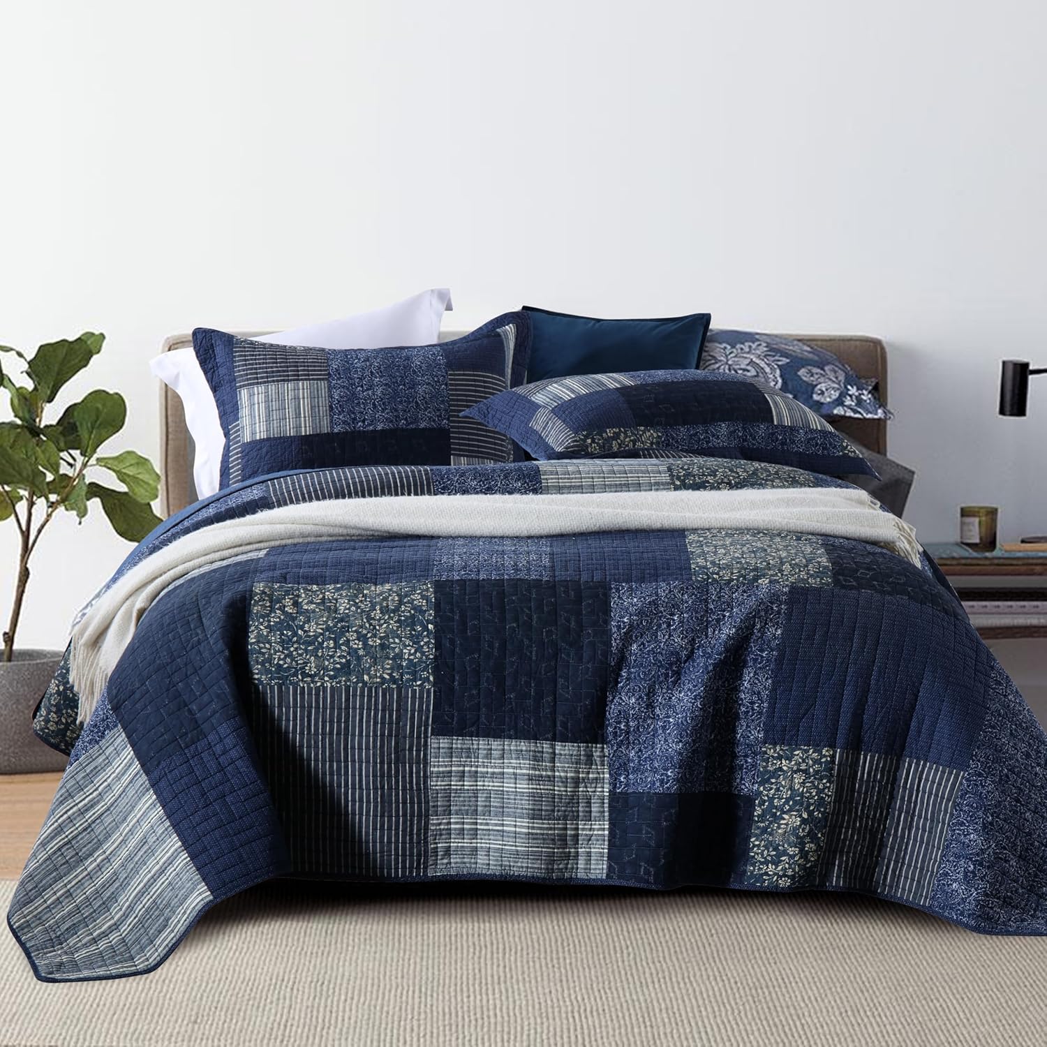 Qucover Patchwork Quilt Double, Mixed Colors Deep Blue Grey - Quilted ...