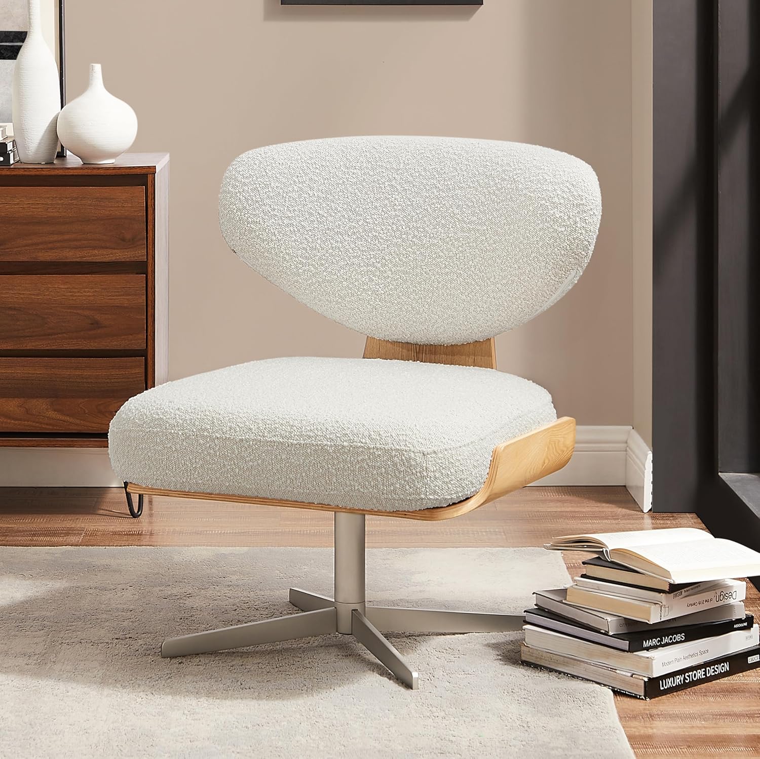 Amazon.com: Art Leon Desk Chair No Wheels - Boucle Fabric Upholstered ...