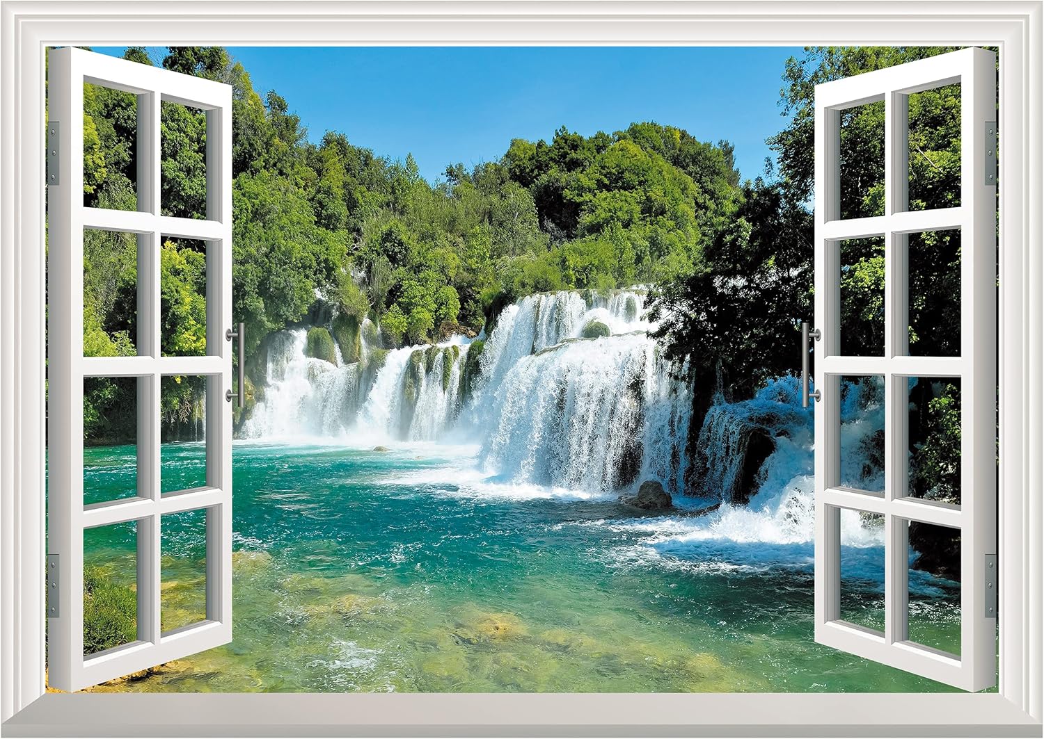 FLFK Fake Window Wall Sticker - Waterfall Faux Window Wall Mural for ...