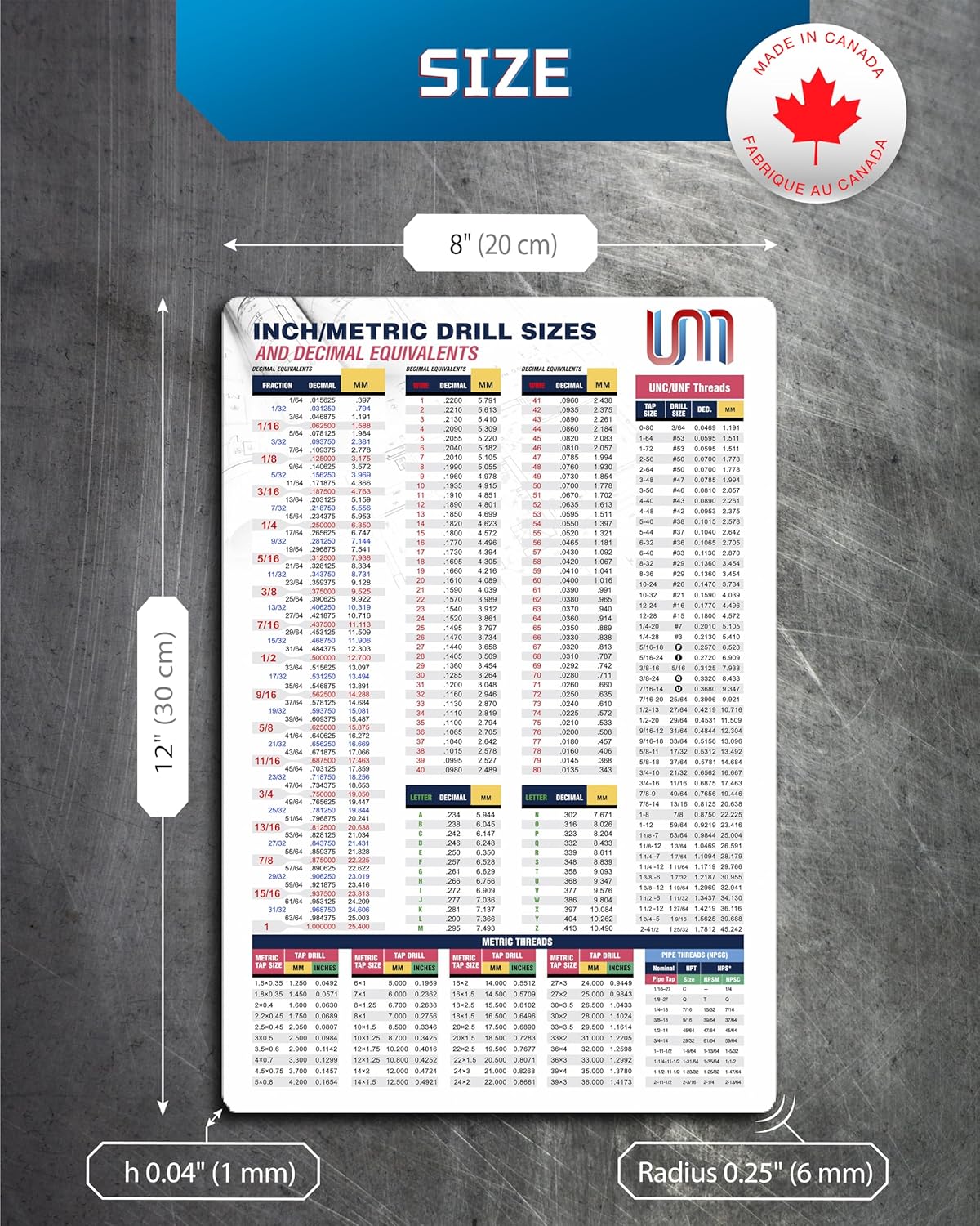 Inch and Metric Tap Drill Sizes & Decimal Equivalents Chart - Magnet ...