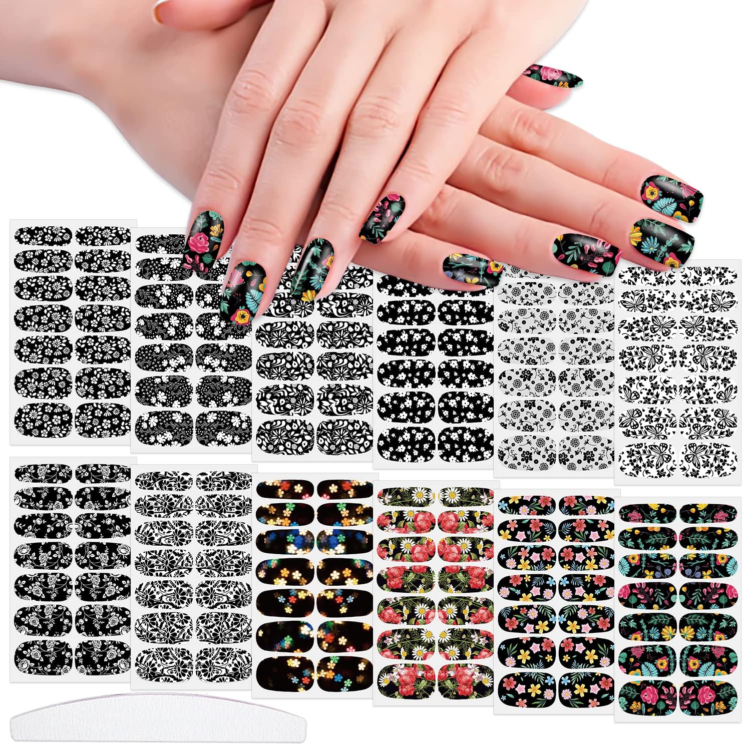 Amazon.com: WOKOTO 12 Sheets Black Flower Nail Polish Stickers Full ...
